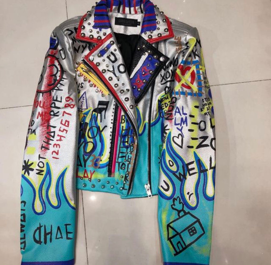 Graffiti Hand Painted Faux Leather Junk Jacket-russian Vibes - Etsy