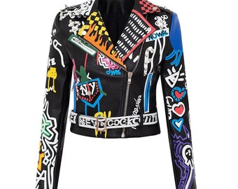 Graffiti Hand Painted Faux Leather Junk Jacket-russian Vibes | Etsy
