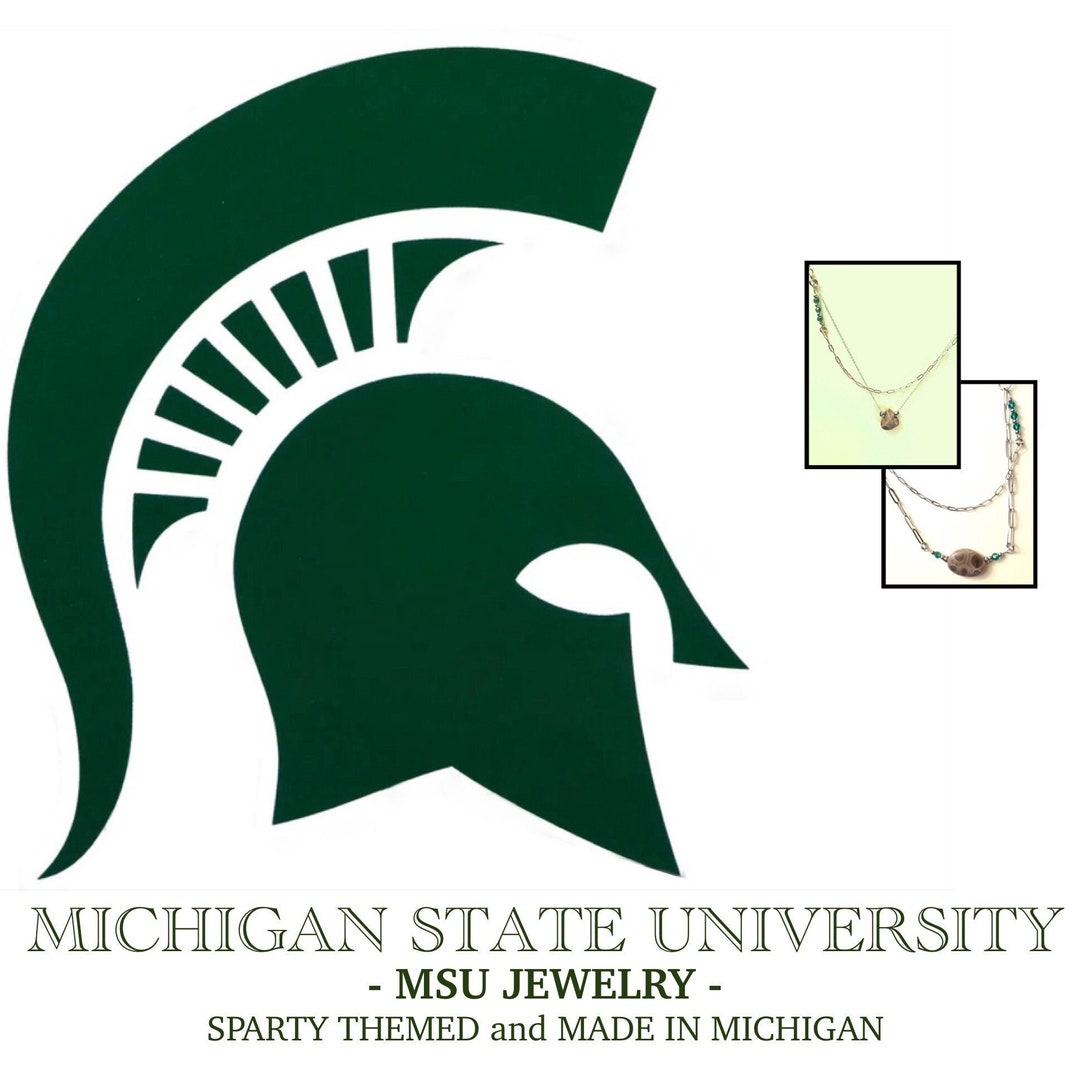 MSU Spartans Necklace: Petoskey Stone, Green Crystal, Paperclip Chain ...