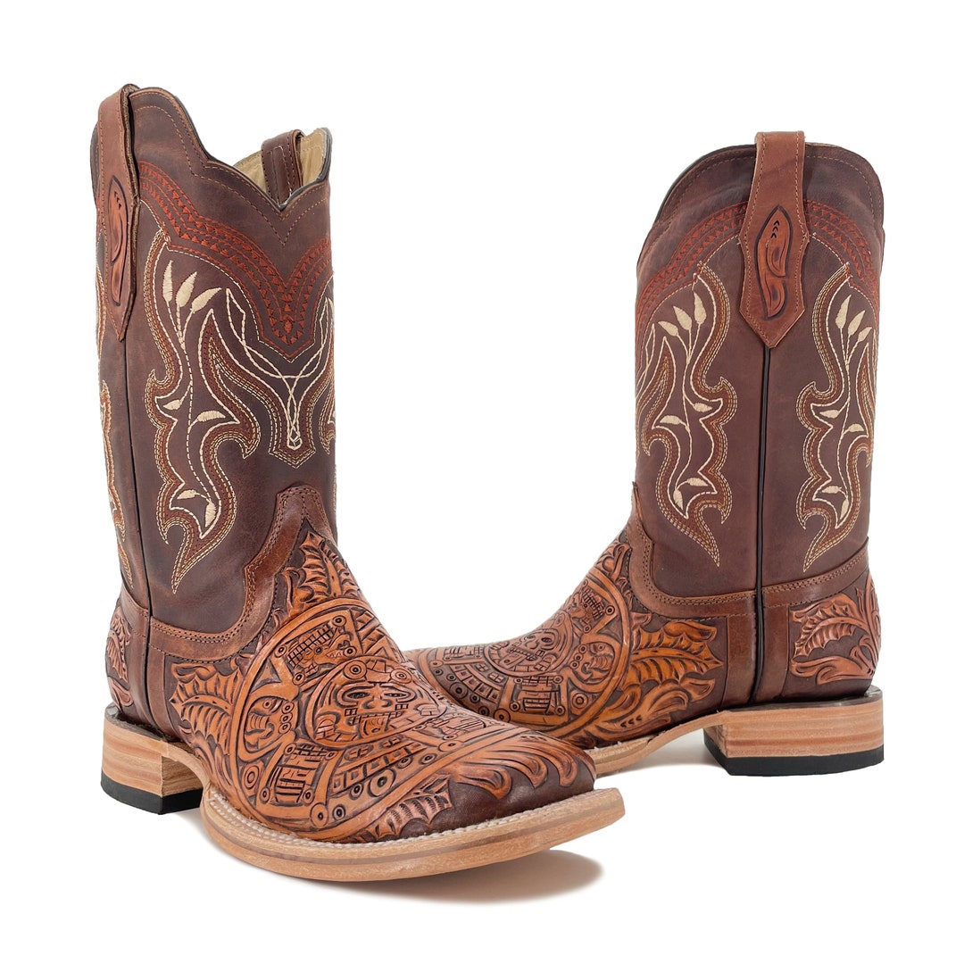Men's Bulldog Hand Tooled Boots Aztec Calendar Bitone - Etsy