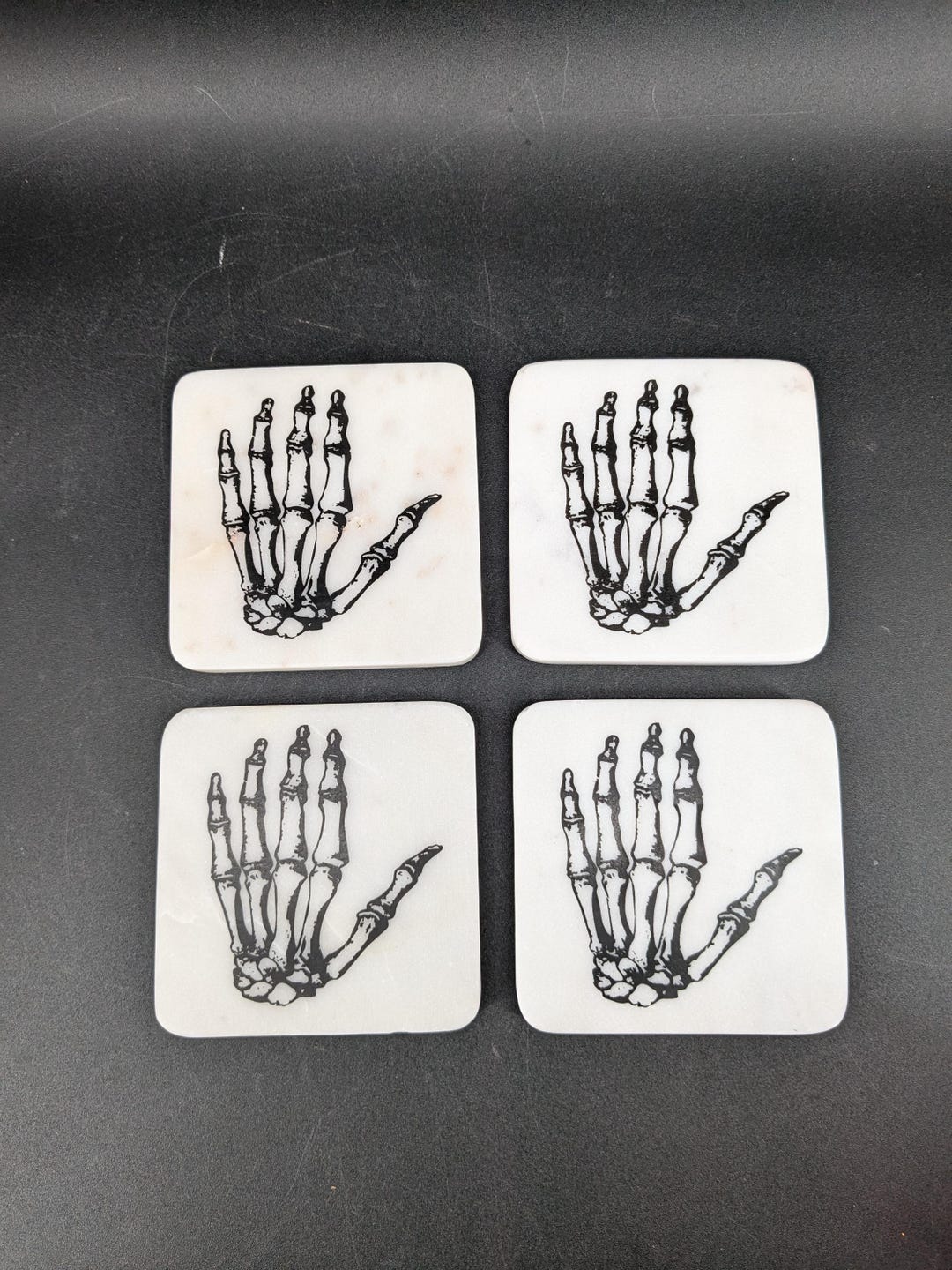 Set of 4 Fly by Night Skeleton Hands Marble Drink Coasters 4'' by 4 ...