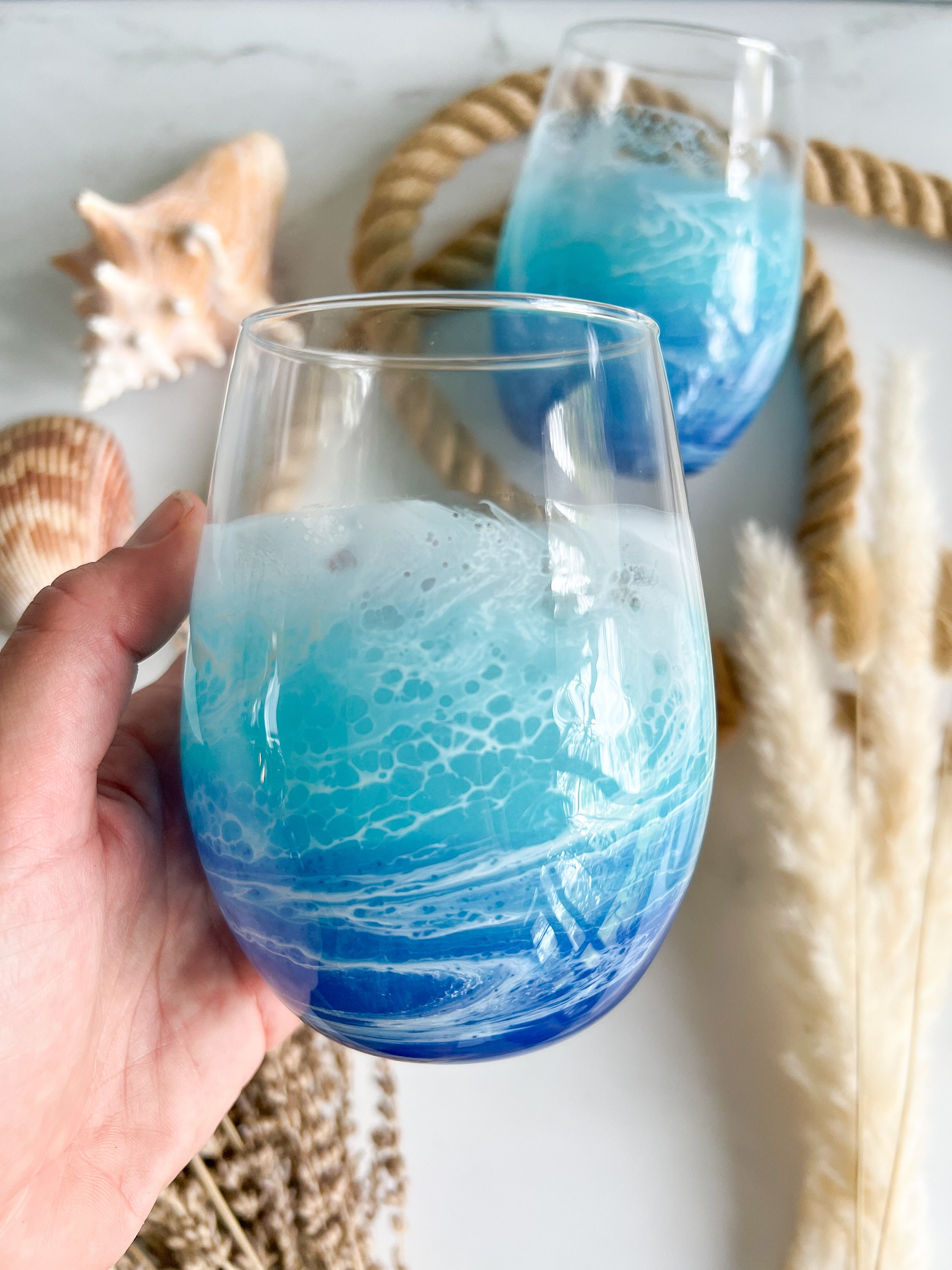 Ocean Waves Wine Glasses | Housewarming Gift | Epoxy Resin Ocean ...