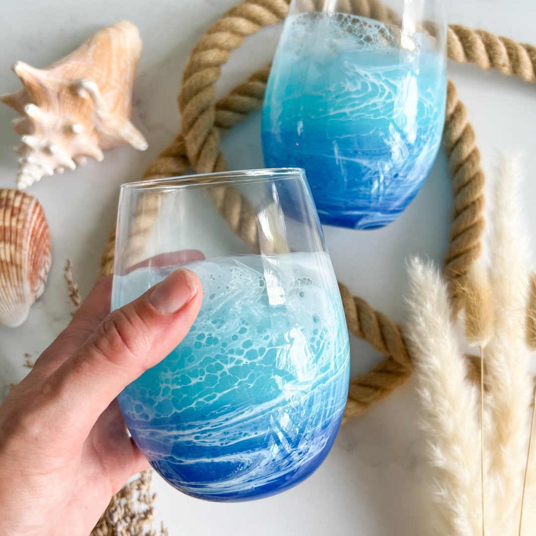 Ocean Waves Wine Glasses | Housewarming Gift | Epoxy Resin Ocean ...
