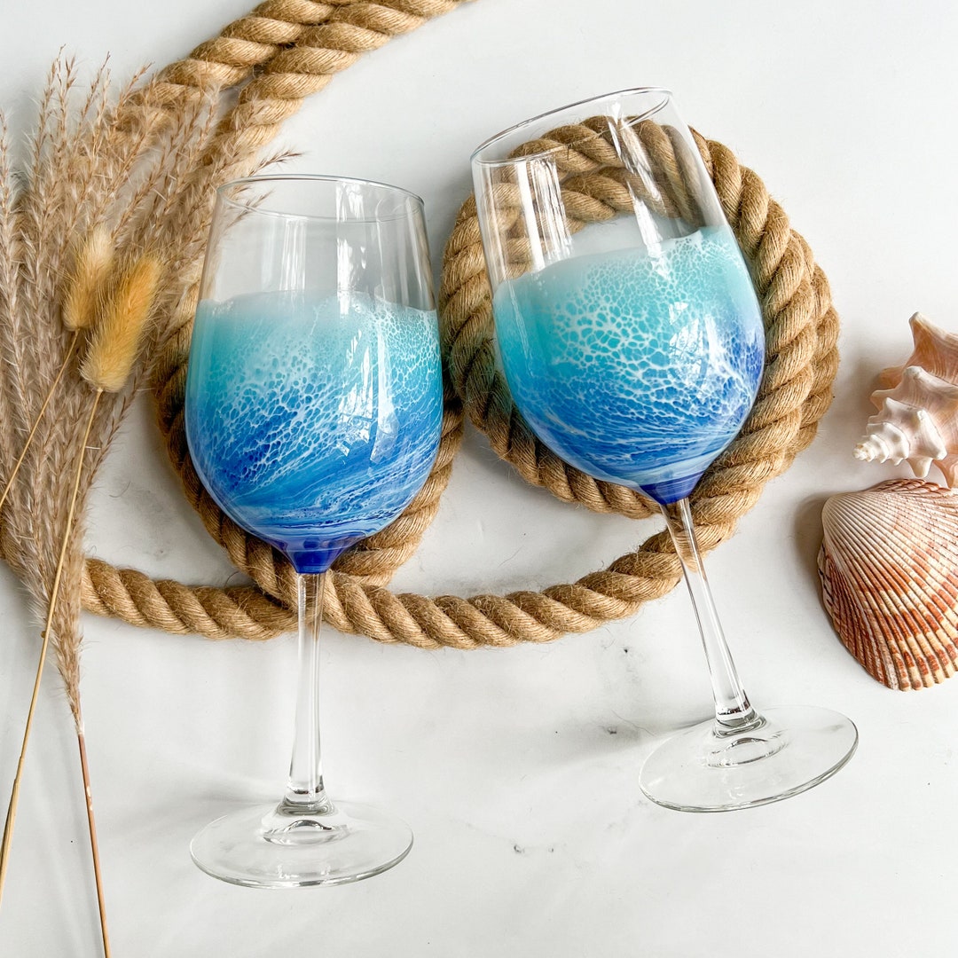 Ocean Waves Wine Glasses | Housewarming Gift | Epoxy Resin Ocean ...