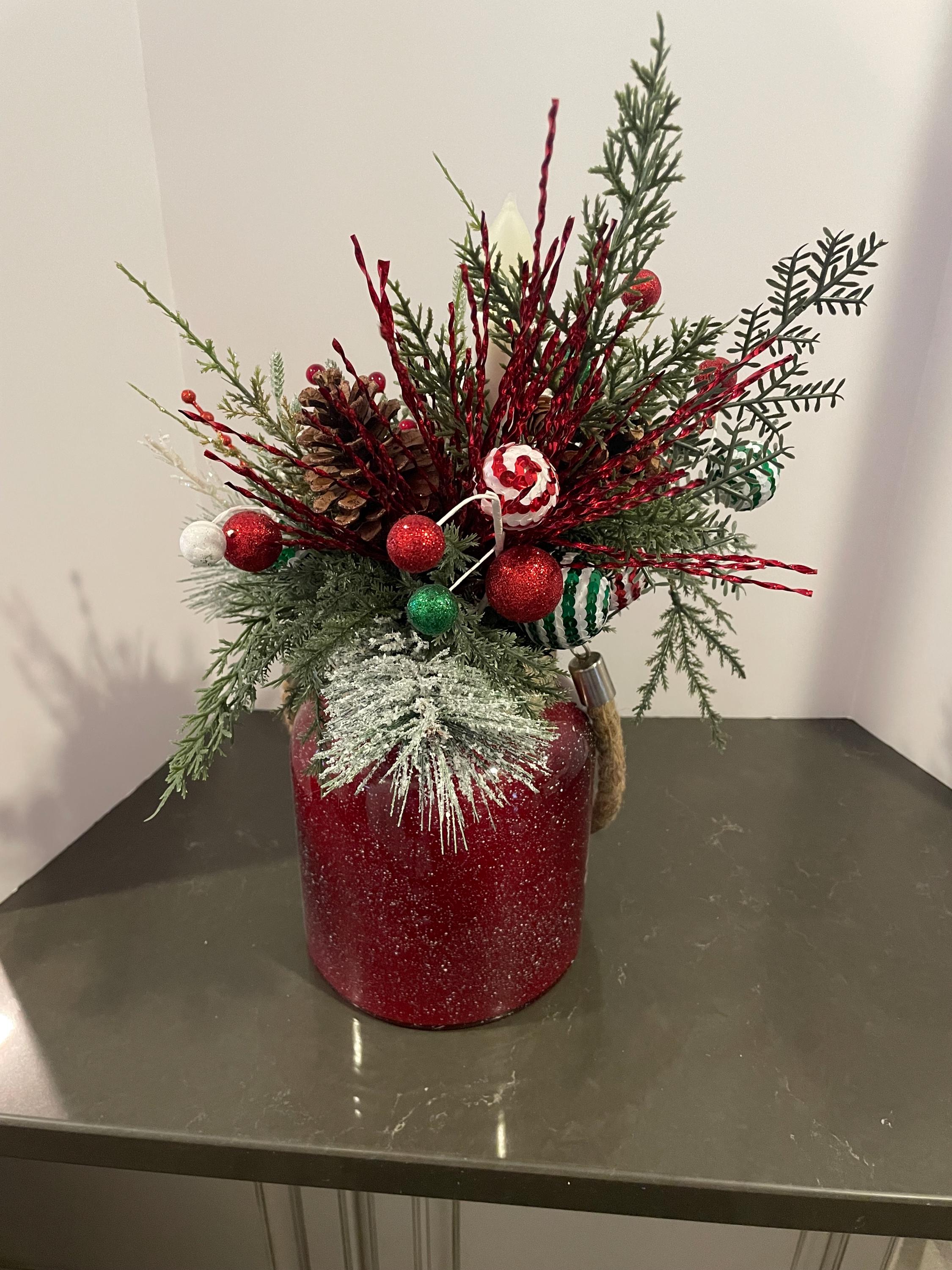 Red Ceramic Vase With a Rope Handle and Winter Greenery - Etsy