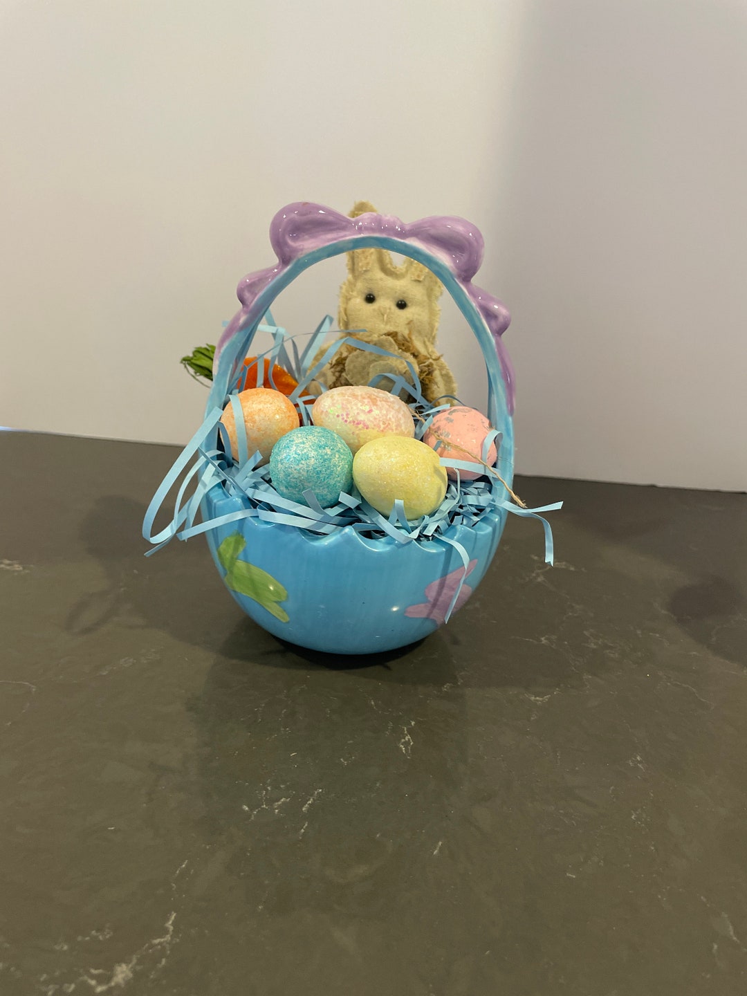 Vintage Blue Ceramic Easter Basket With a Cloth Bunny and a Carrot and ...