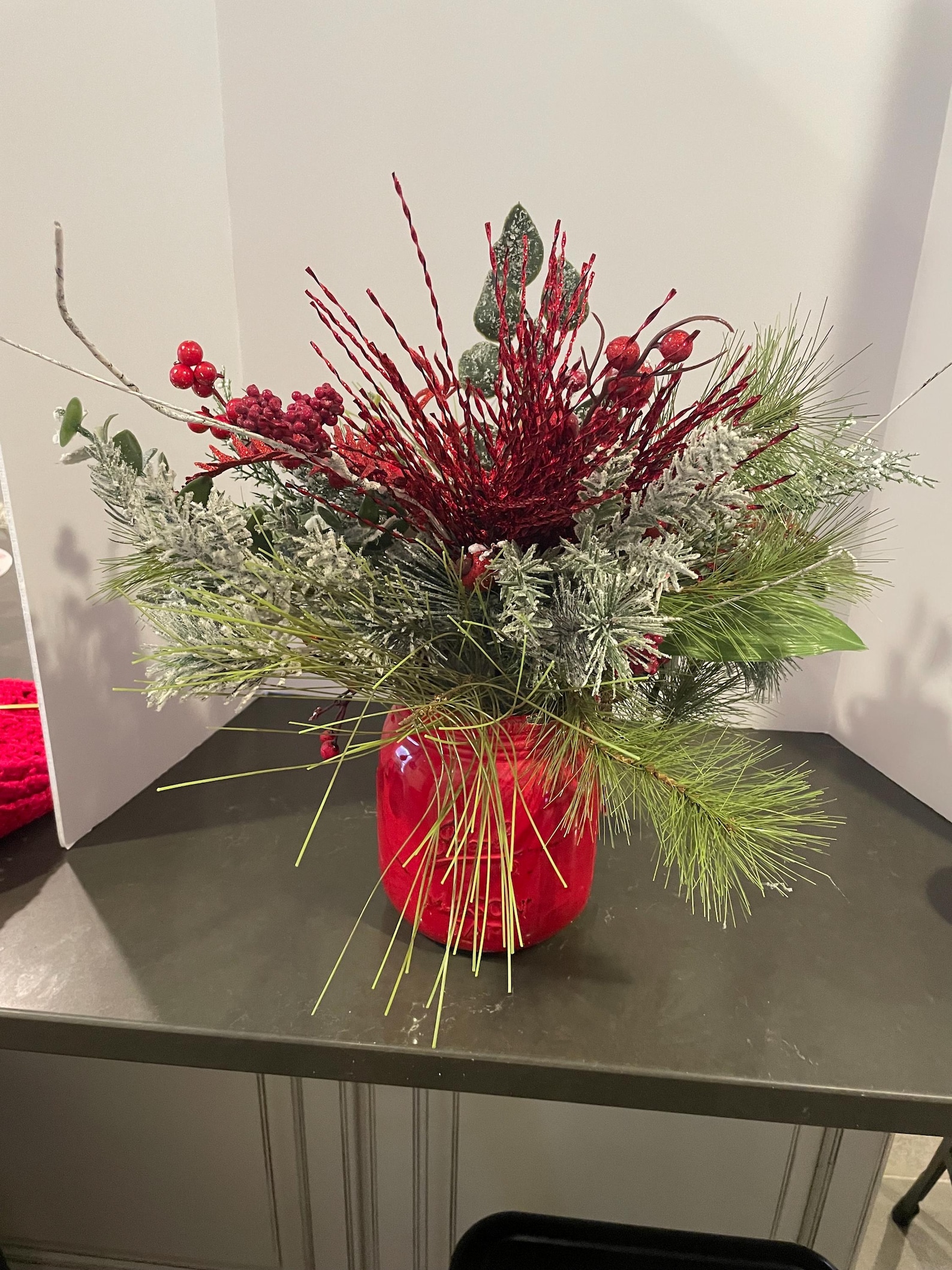 Red Ceramic Mason Jar With Winter Foliage - Etsy