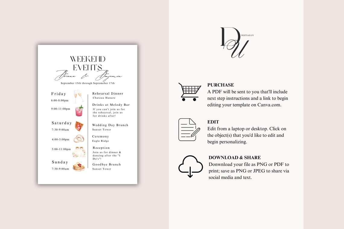 Fully EDITABLE INSTANT DOWNLOAD | Wedding Weekend Itinerary Canva ...
