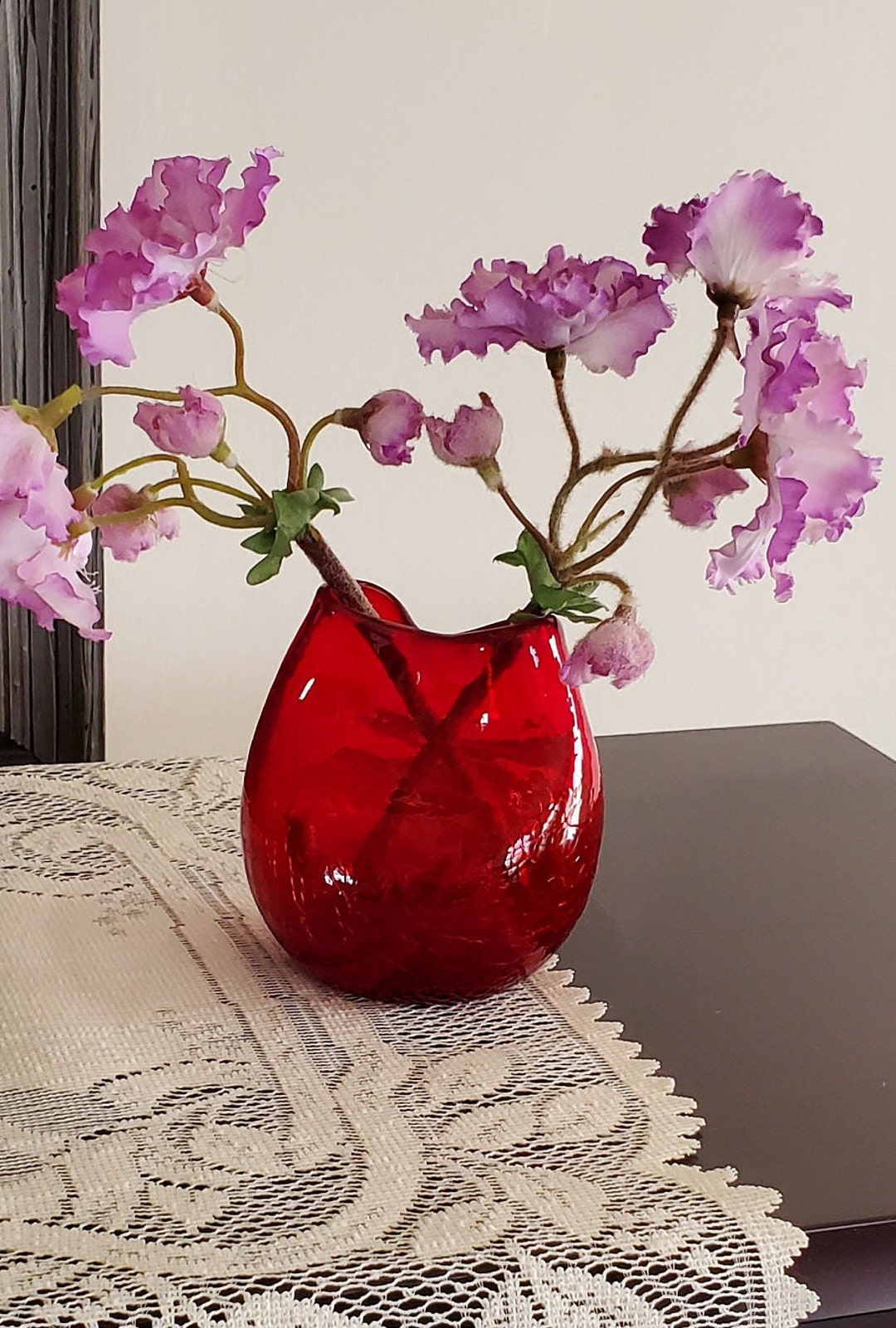 Vintage Red Crackle Glass Vase Hand Blown Red Pinch Vase Red Crackle Wedding Style Vase