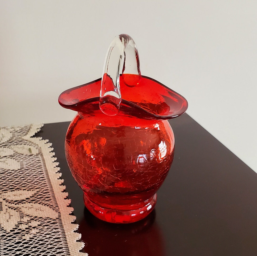 Vintage Red Crackle Glass Basket Vase, Hand Blown Red Basket, Red ...