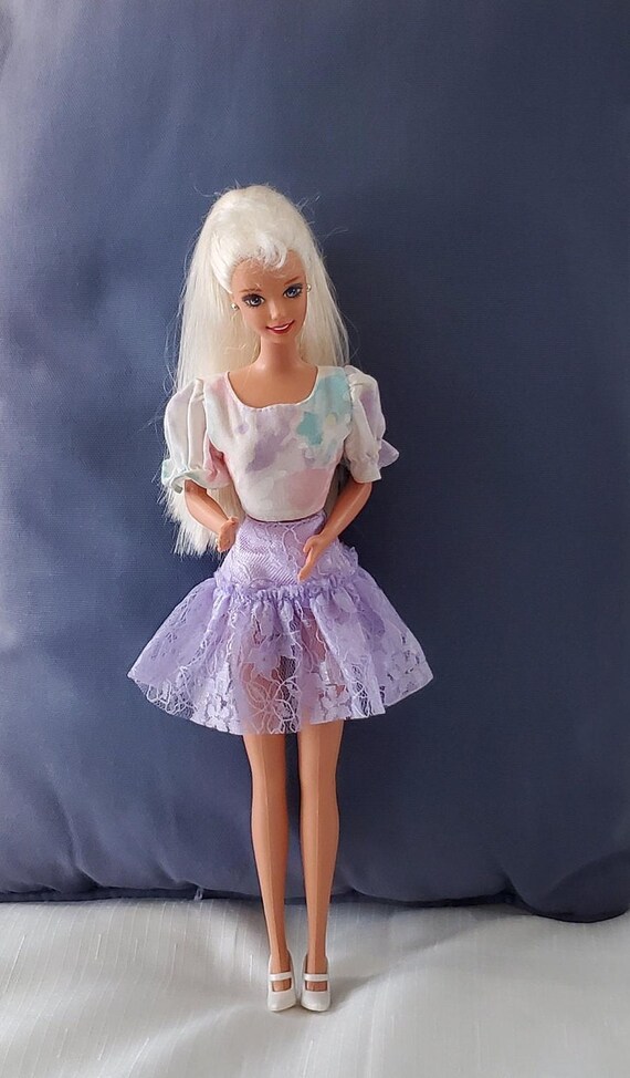 Vintage Barbie Purple Lace Skirt and Pastel Top 1990s Barbie Doll Purple Skirt Watercolor Puff Sleeve Top Pink Purple Green Top NO DOLL Etsy