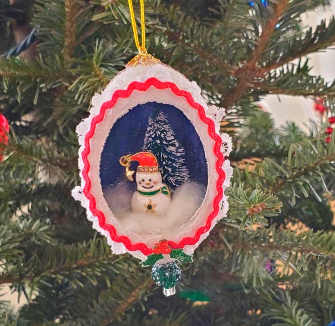 Handmade Christmas Snowman Egg Ornament, Open Egg Diorama, Vintage ...