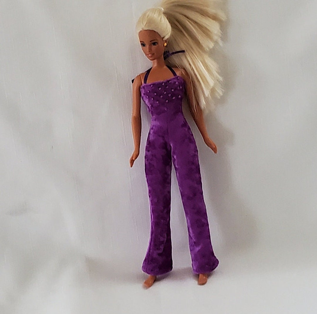 Vintage 1990s Barbie Velveteen Jumpsuit Purple Barbie Pants Outfit Beaded Party Jumpsuit For