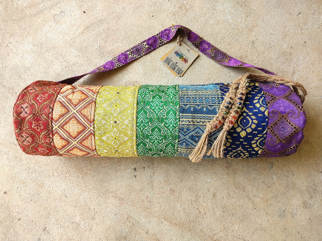 Rainbow Yoga Bag With Golden Shine, Handmade Patchwork, 7 Chakras Yoga Bag, Colorful Yoga Mat ...