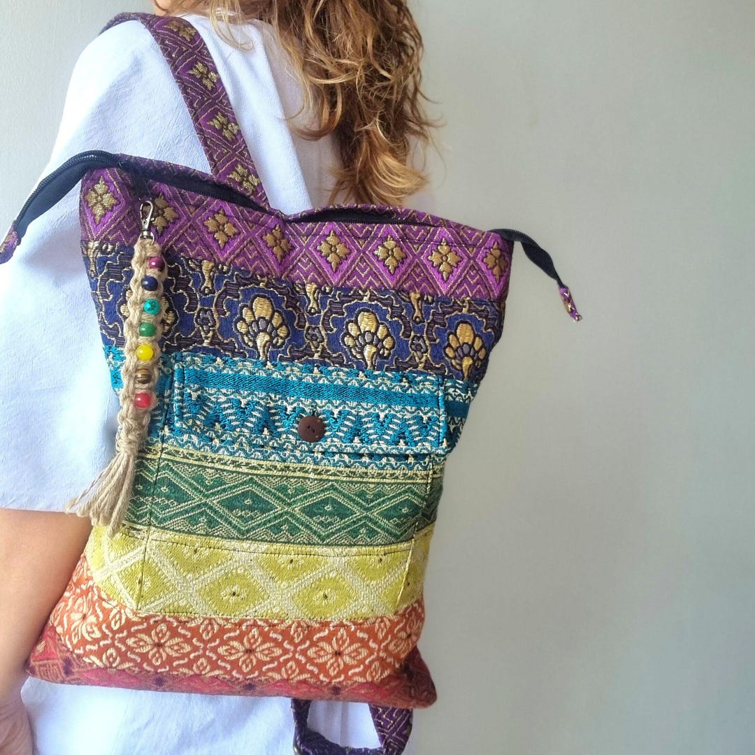 Handmade Rainbow Patchwork Backpack: Boho Hippie Daypack With Chakra ...