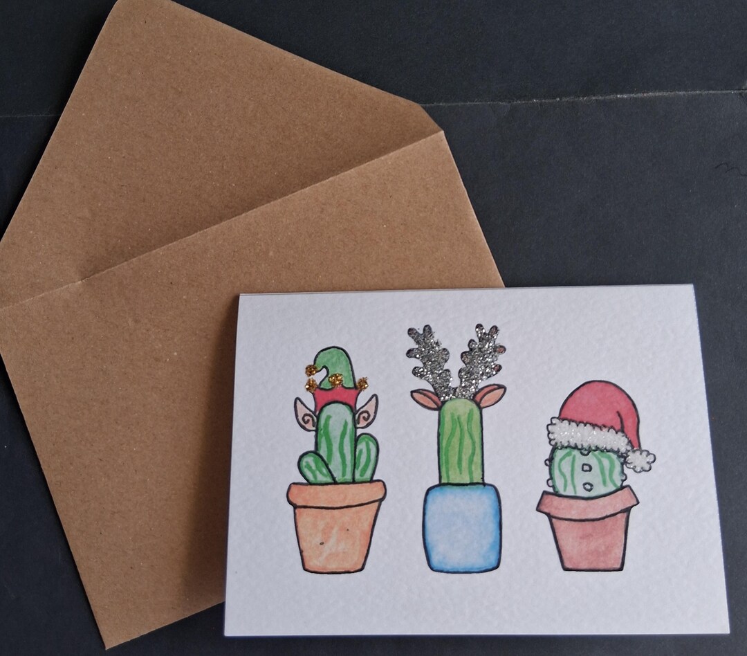 Cactus Christmas Card With Glitter, A6 Size Handmade - Etsy