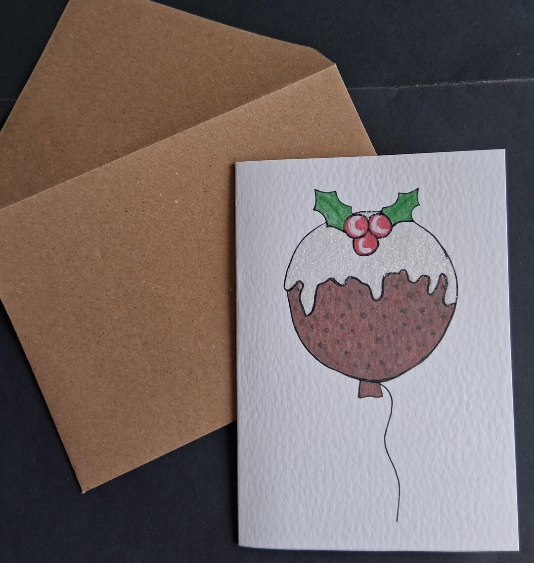 Christmas Pudding Balloon Greeting Card A6, Glittery Handmade Christmas ...