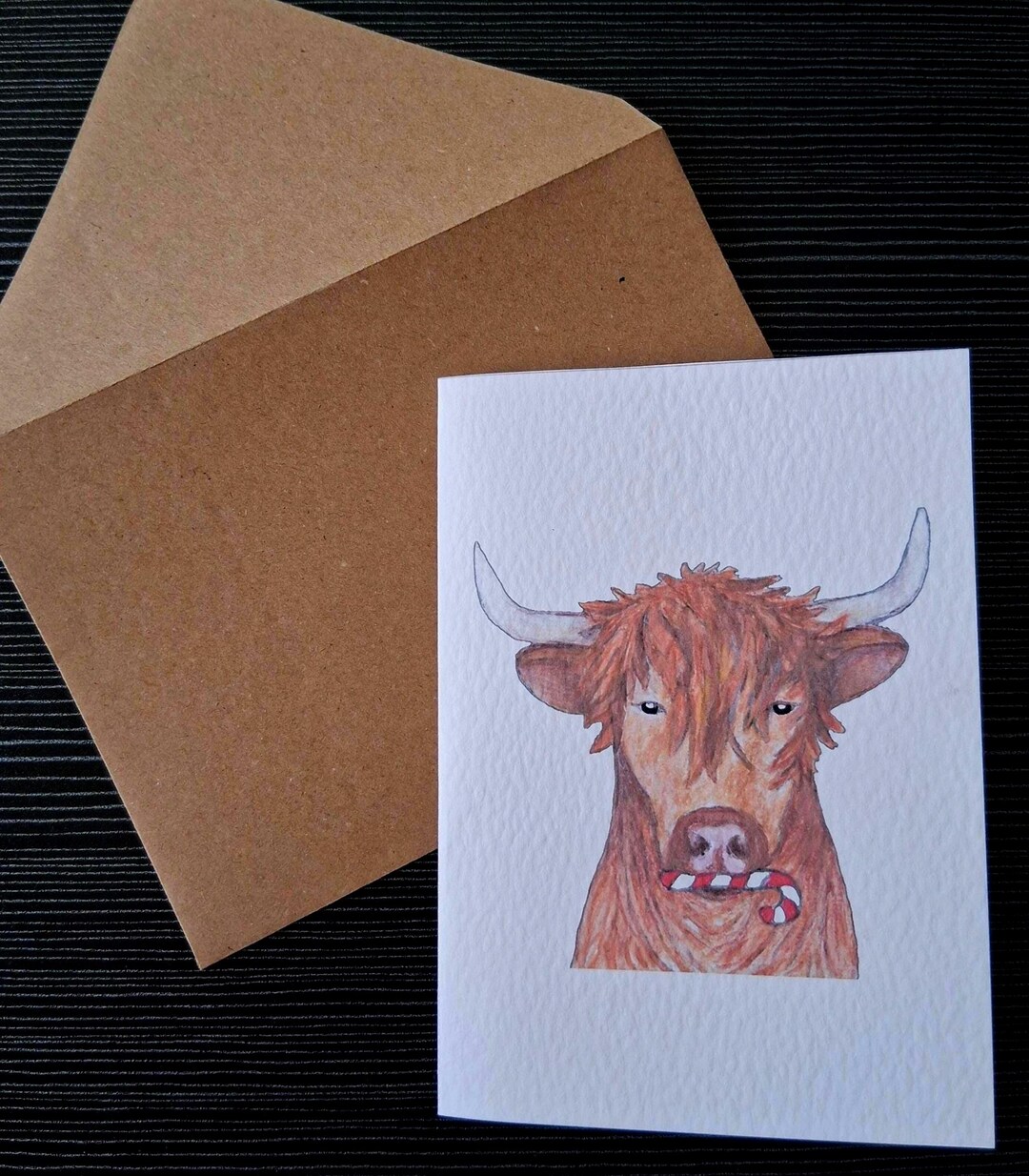 Highland Cow With Candy Cane Christmas Card, A6 Size Handmade - Etsy