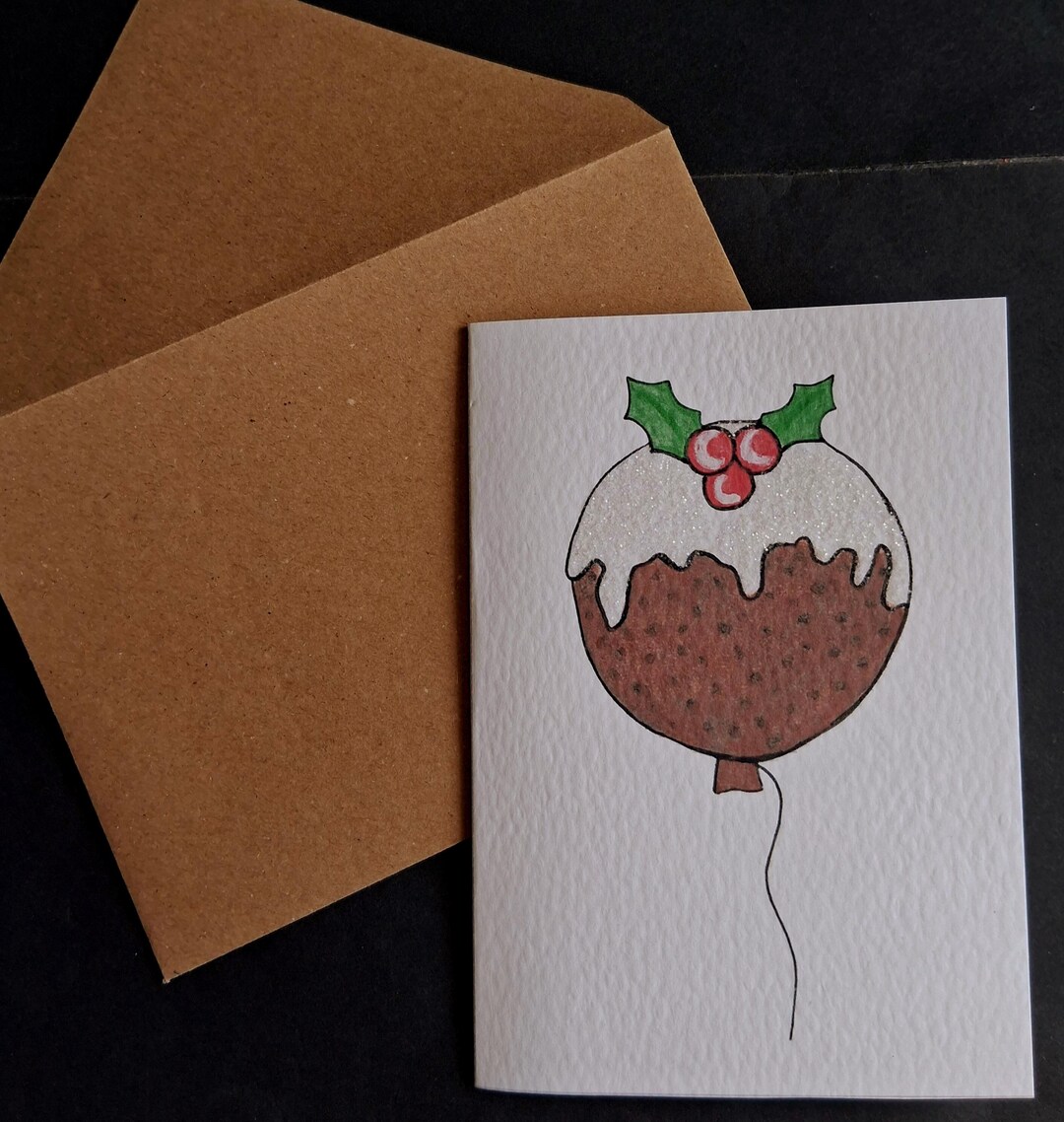 Christmas Pudding Balloon Card, A6 Size Glittery and Handmade Funny ...
