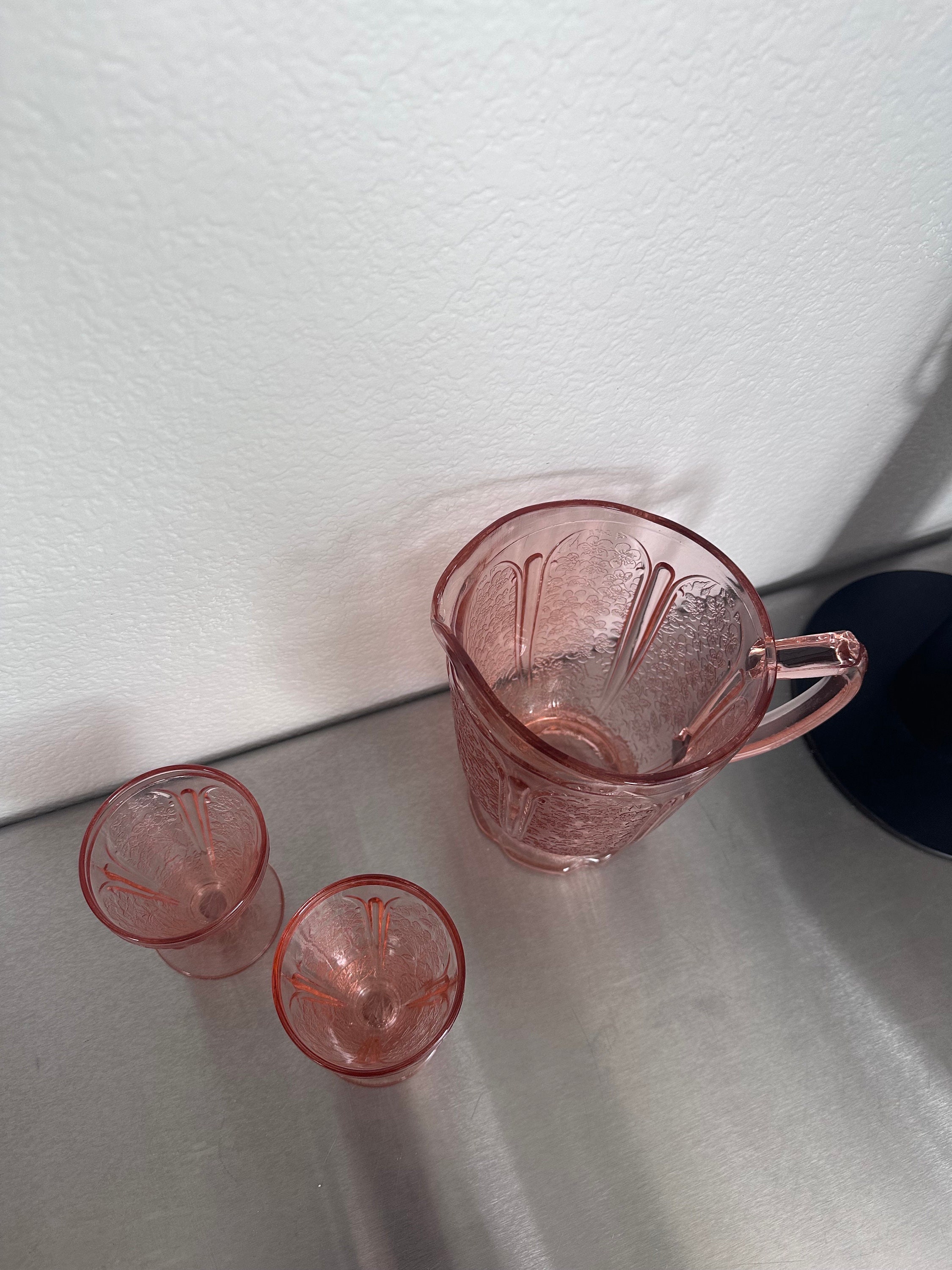 Vintage Pink Cherry Blossom Glass Pitcher and Water Glass Tumbler Set ...