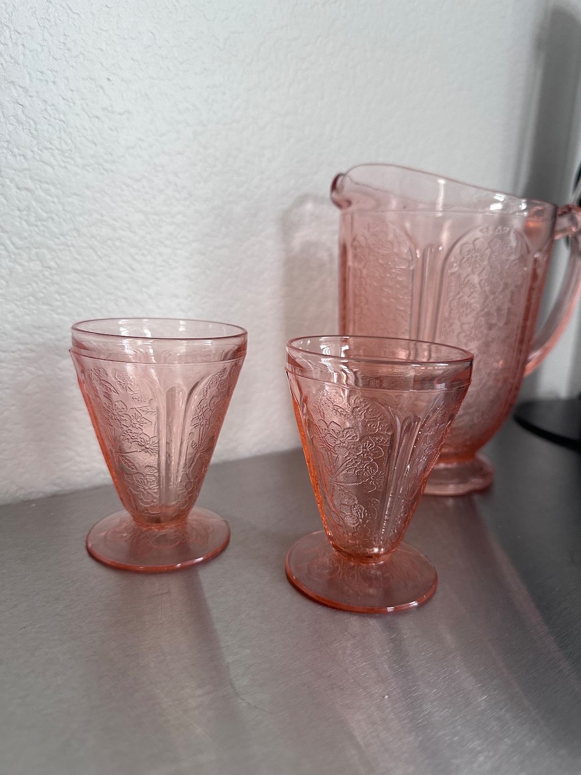 Vintage Pink Cherry Blossom Glass Pitcher and Water Glass Tumbler Set ...