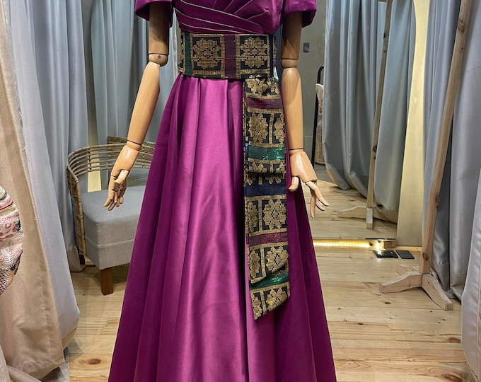 Modern Filipiniana Dress, Philippine Fabric, Formal Wear, Lace Overlay ...