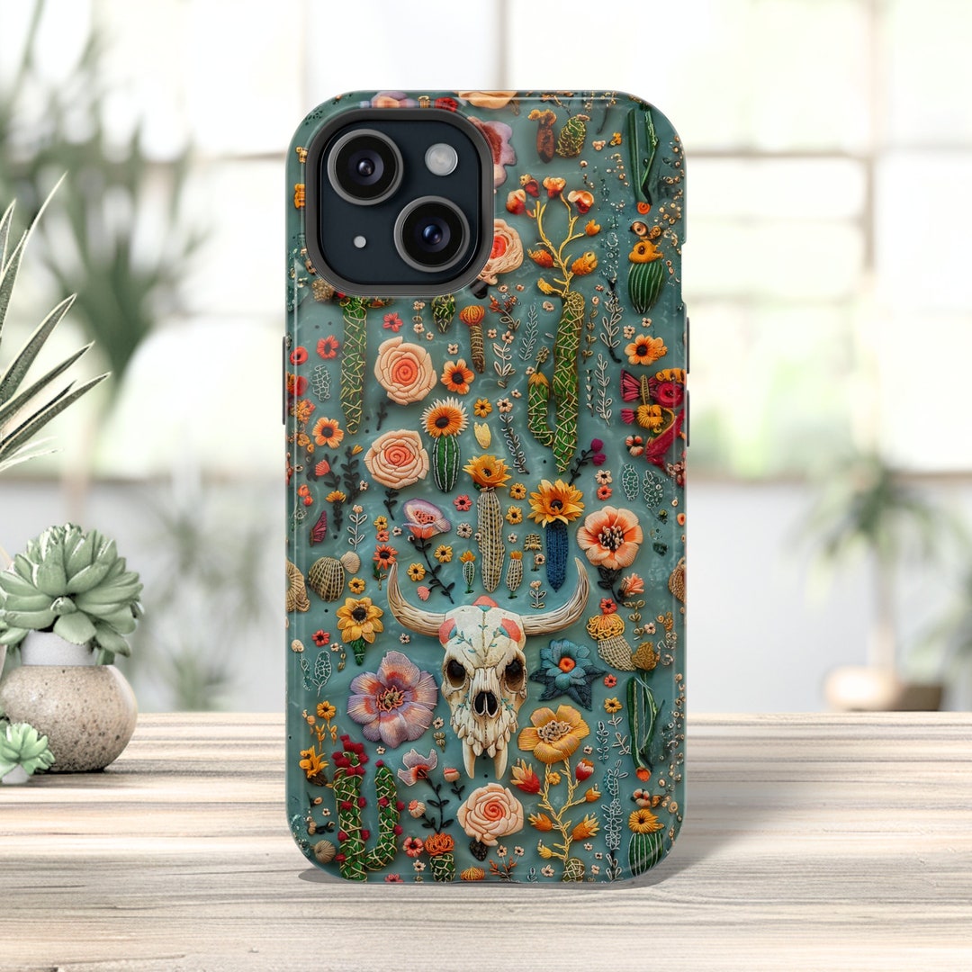 Cowgirl Vibes 3D Embroidered Pink Cow Skull & Cactus Phone Case ...