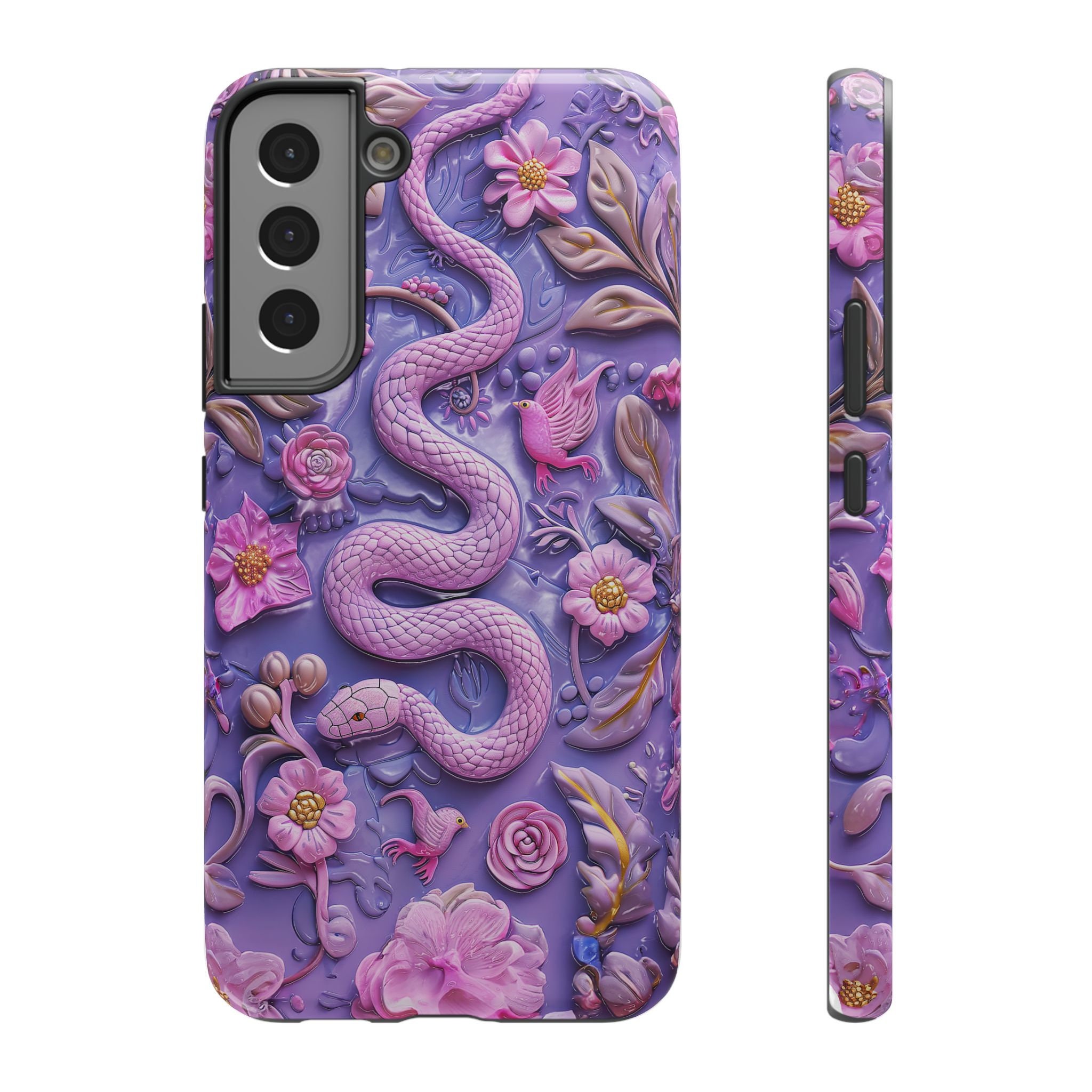 Embroidery Look Cute Pink Snakes and Flowers Impact Resistant Phone ...