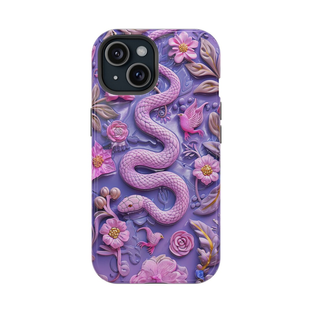 Embroidery Look Cute Pink Snakes and Flowers Impact Resistant Phone ...