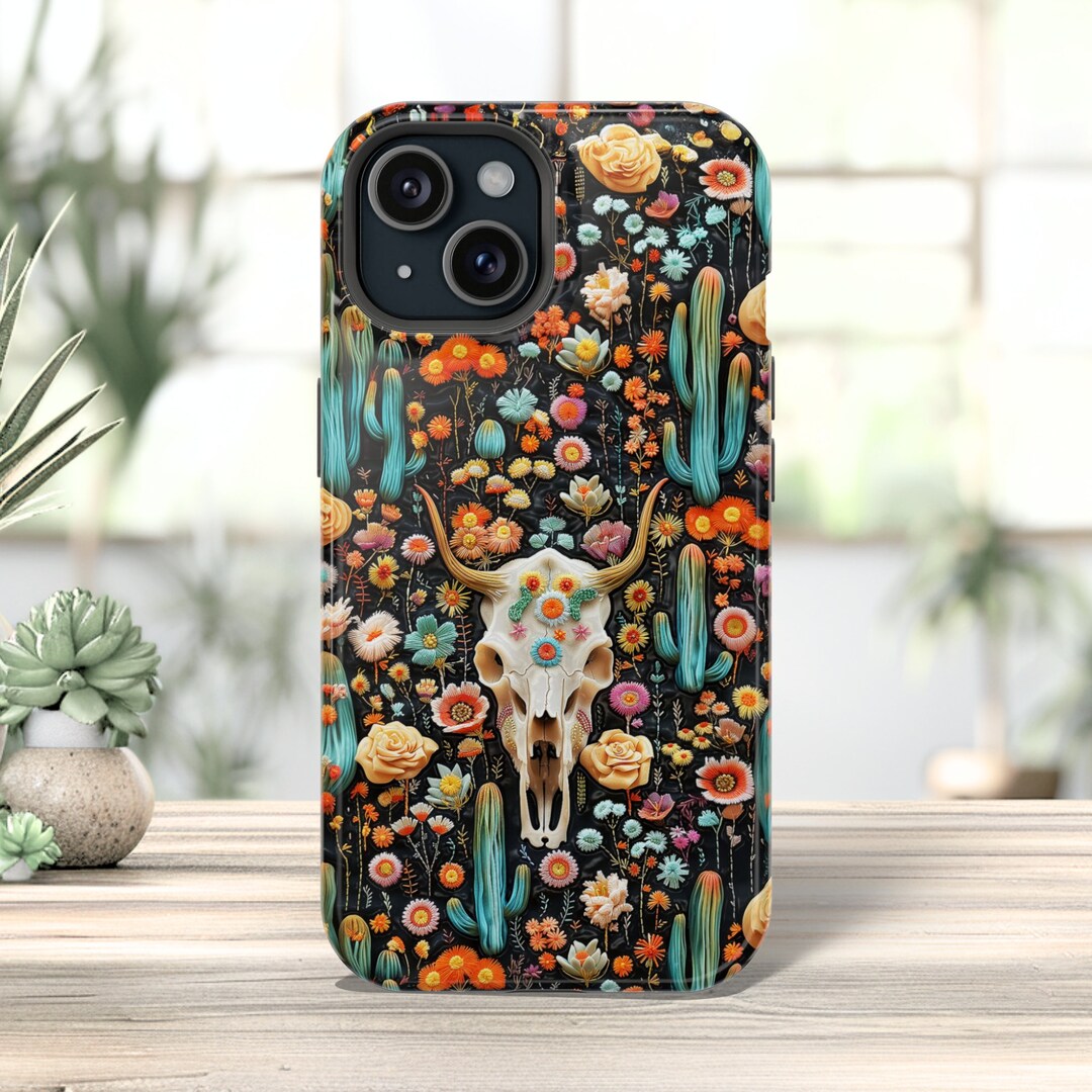 Cowgirl Vibes 3D Embroidered Pink Cow Skull & Cactus Phone Case ...