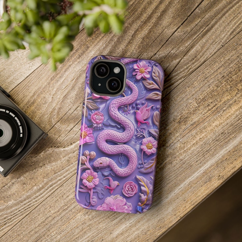Embroidery Look Cute Pink Snakes and Flowers Impact Resistant Phone ...