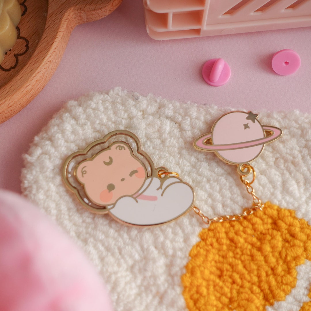 Astro Bear Pluto Enamel Pin | Gold Plated Enamel Pin Set | Pink Rubber ...