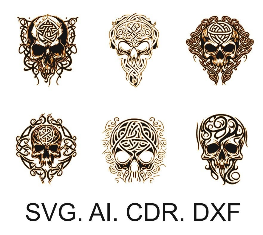 Set of Celtic Skulls 1, Skull With Runes. Skull Tattoo, DXF for Laser ...