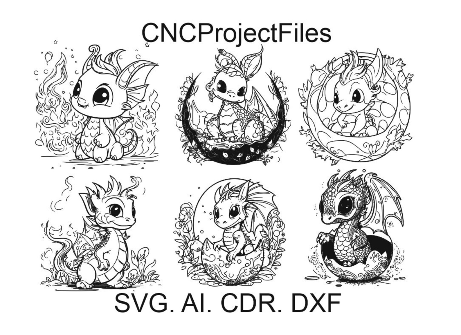 Little Cute Dragons SET 2, Dragon in Shell, Dragon Svg, DXF for Laser ...