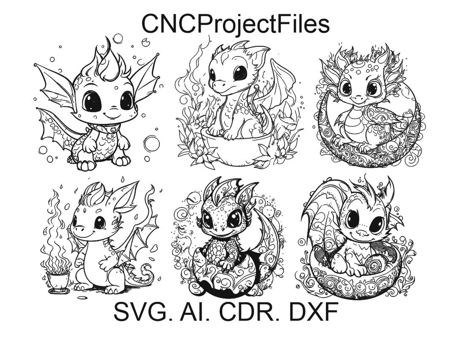 Little Cute Dragons SET 1, Dragon in Shell, Dragon Svg, DXF for Laser ...