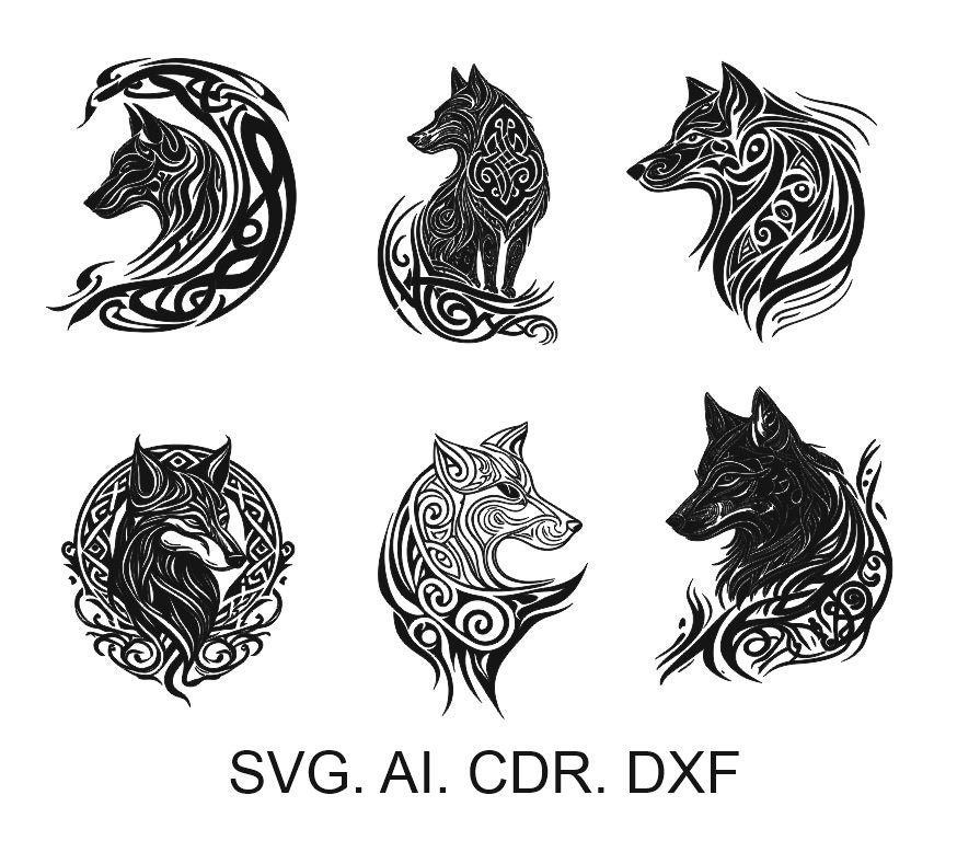 Celtic Wolf Set 2, Wolf Head, Tattoo Sketch, Wolf Svg, Fox Svg, DXF for ...