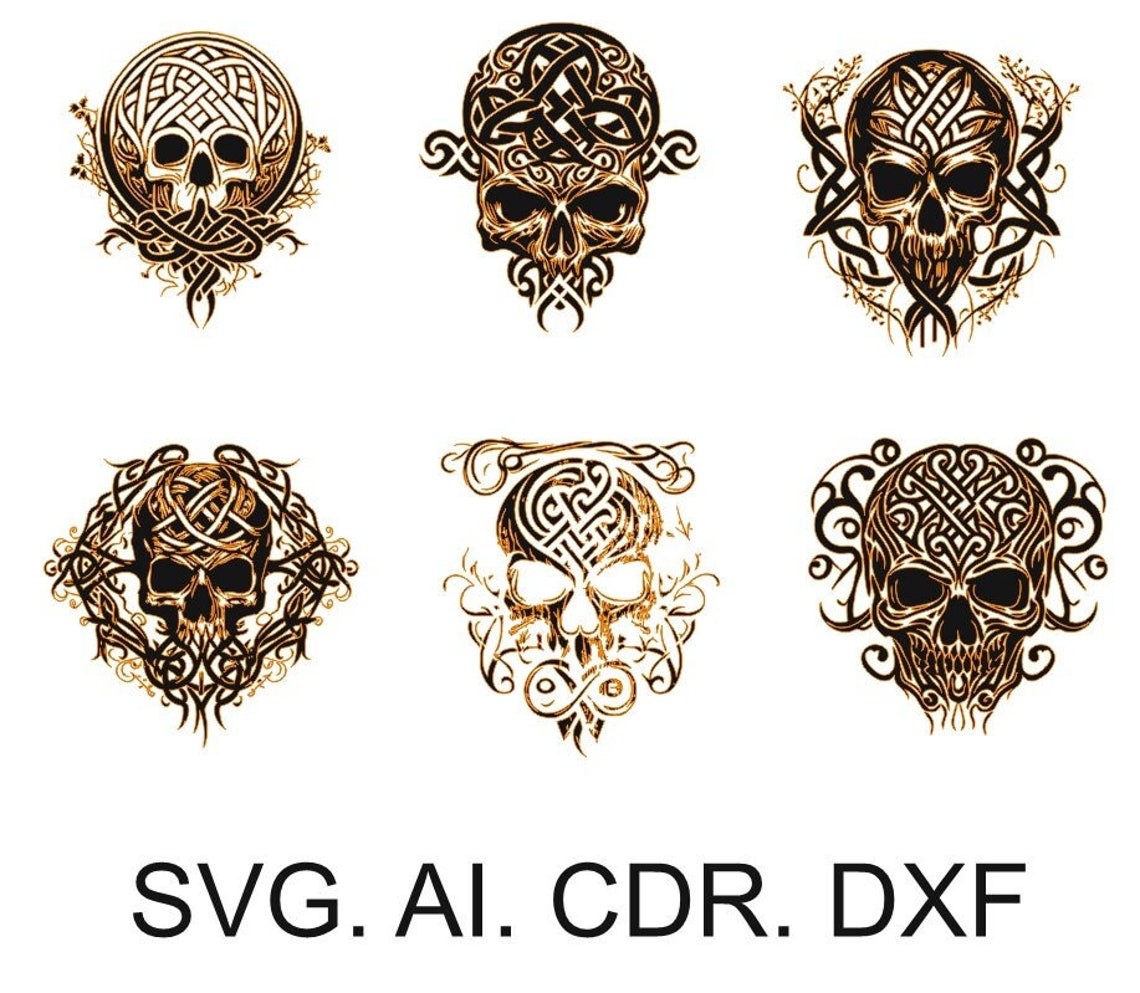 Set of Celtic Skulls 2, Skull With Runes. Skull Tattoo, DXF for Laser ...