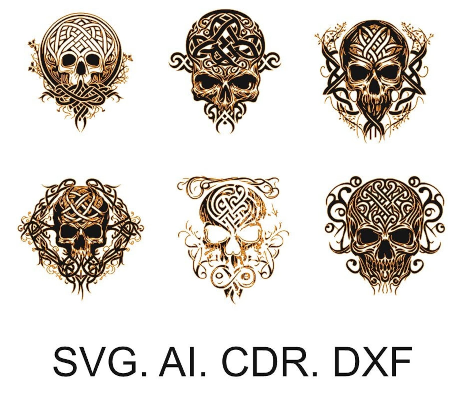 Set of Celtic Skulls 2, Skull With Runes. Skull Tattoo, DXF for Laser ...
