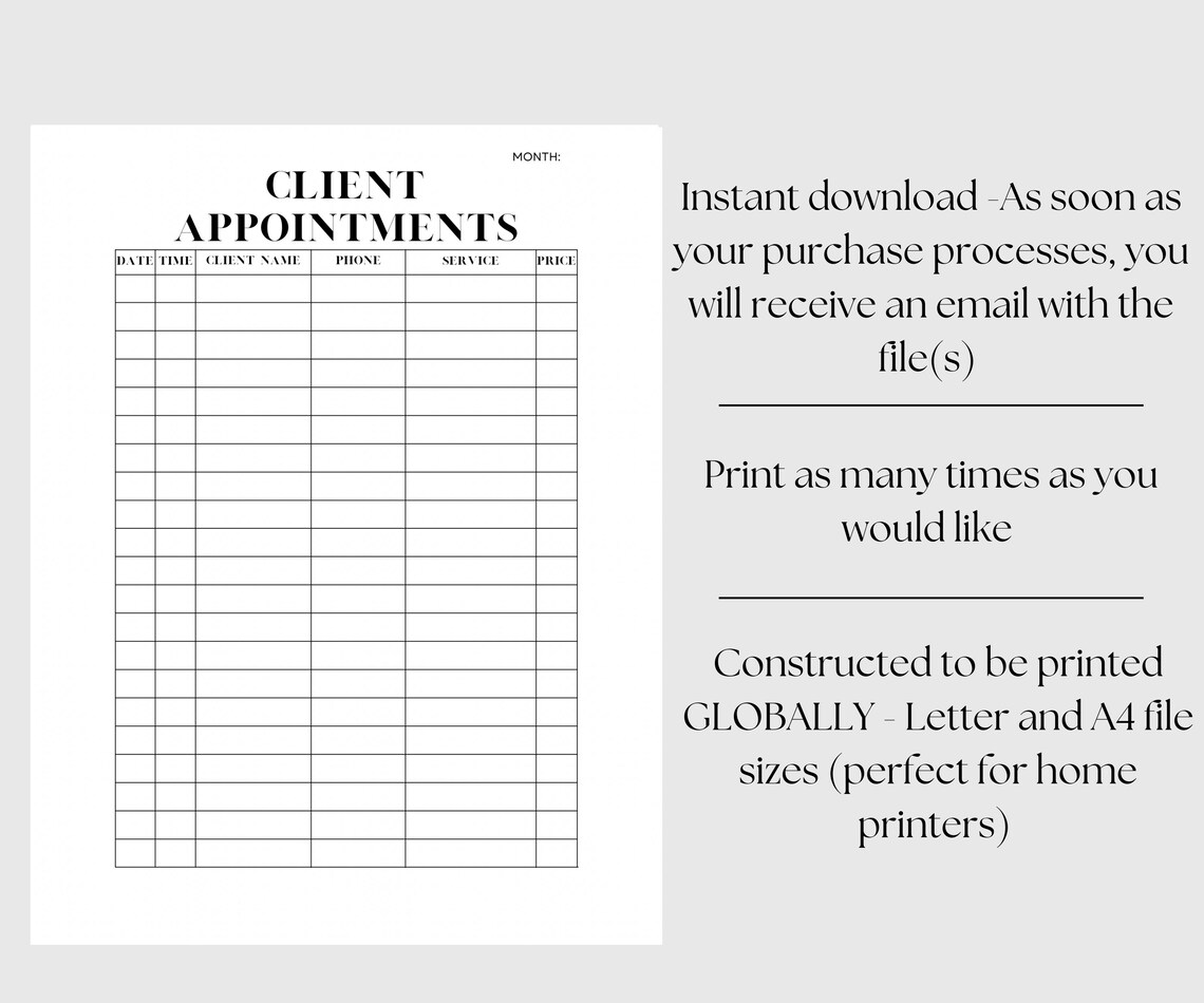 Printable Client Appointment List, Appointment Tracker, Business ...