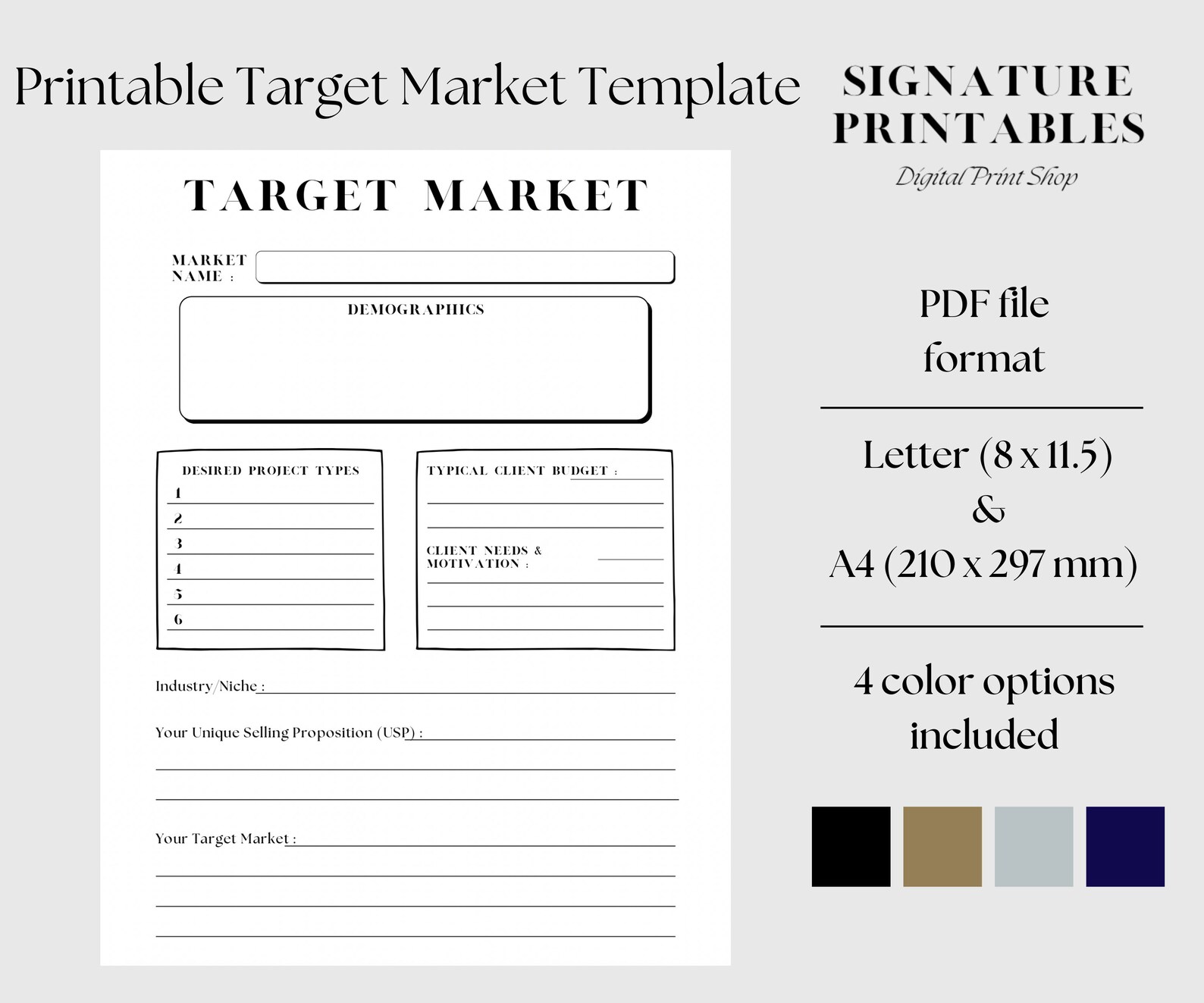 Printable Target Audience Template, Market Research Template, Business ...