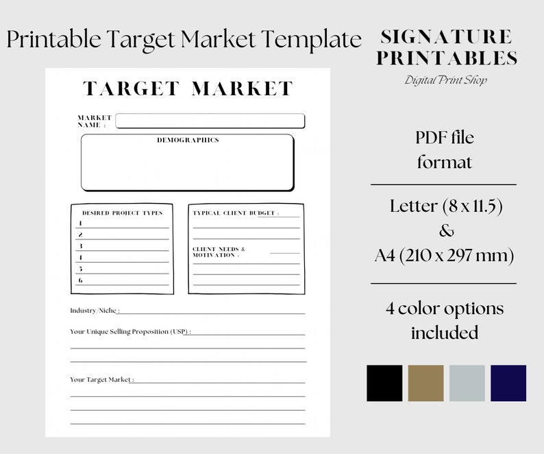 Printable Target Audience Template, Market Research Template, Business ...