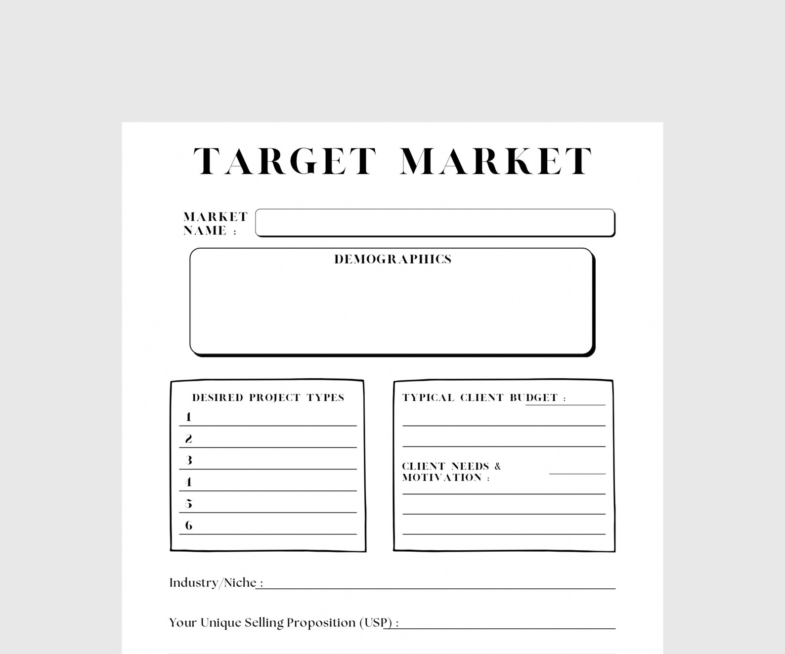 Printable Target Audience Template, Market Research Template, Business ...