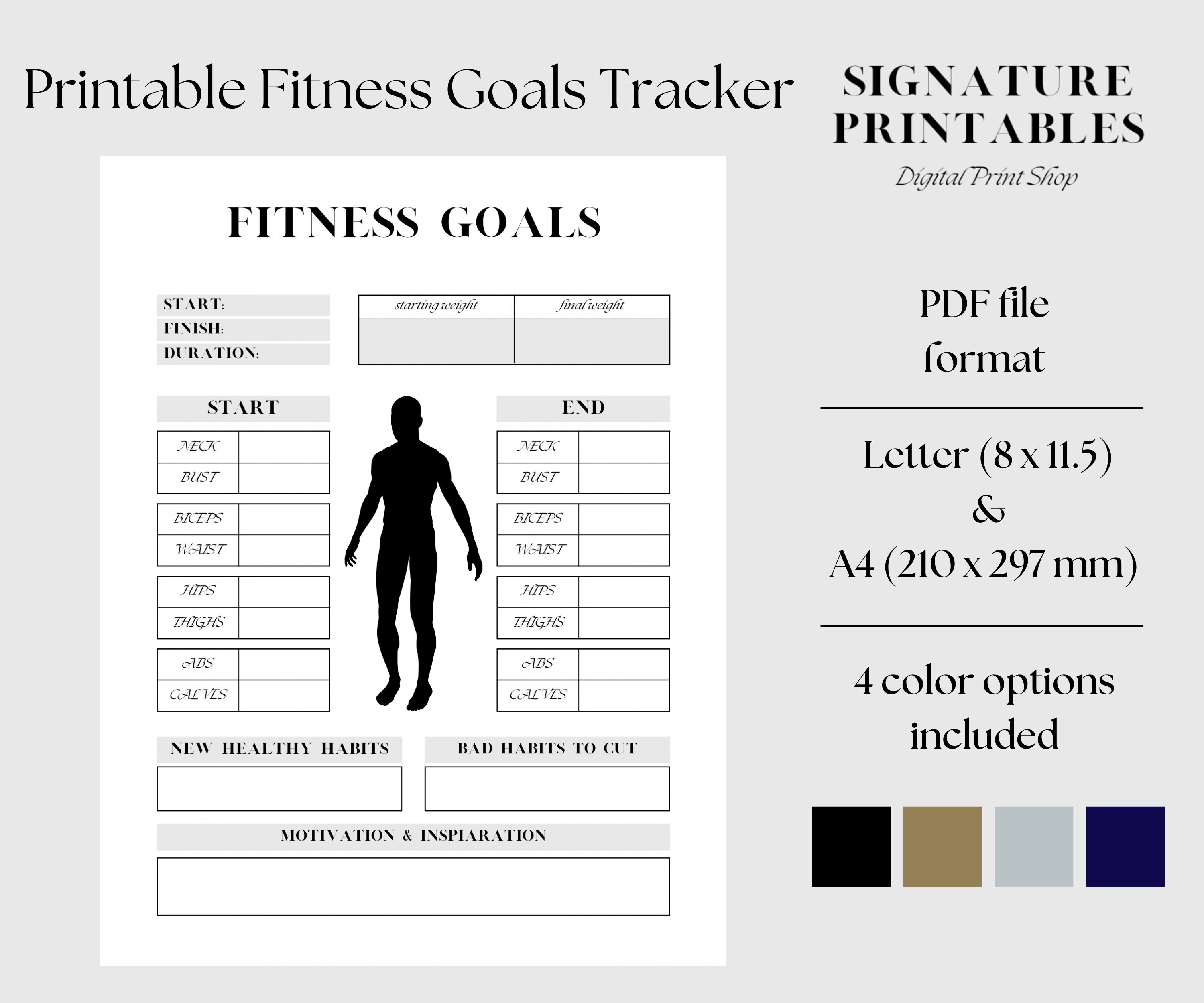 Printable Fitness Goals Tracker, Body Tracker, Fitness Tracker ...