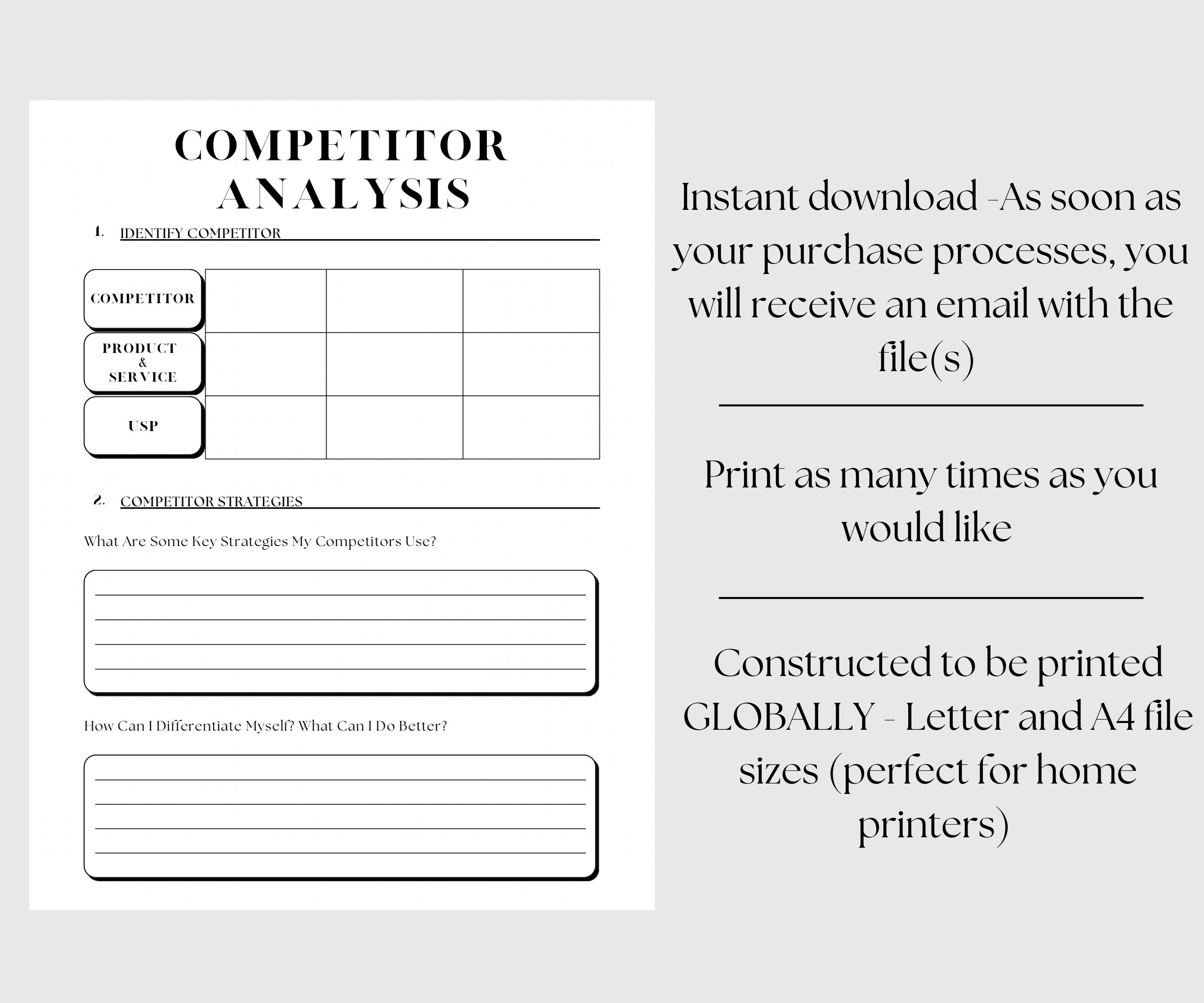 Printable Competitor Analysis Template, Business Analytics, Business ...