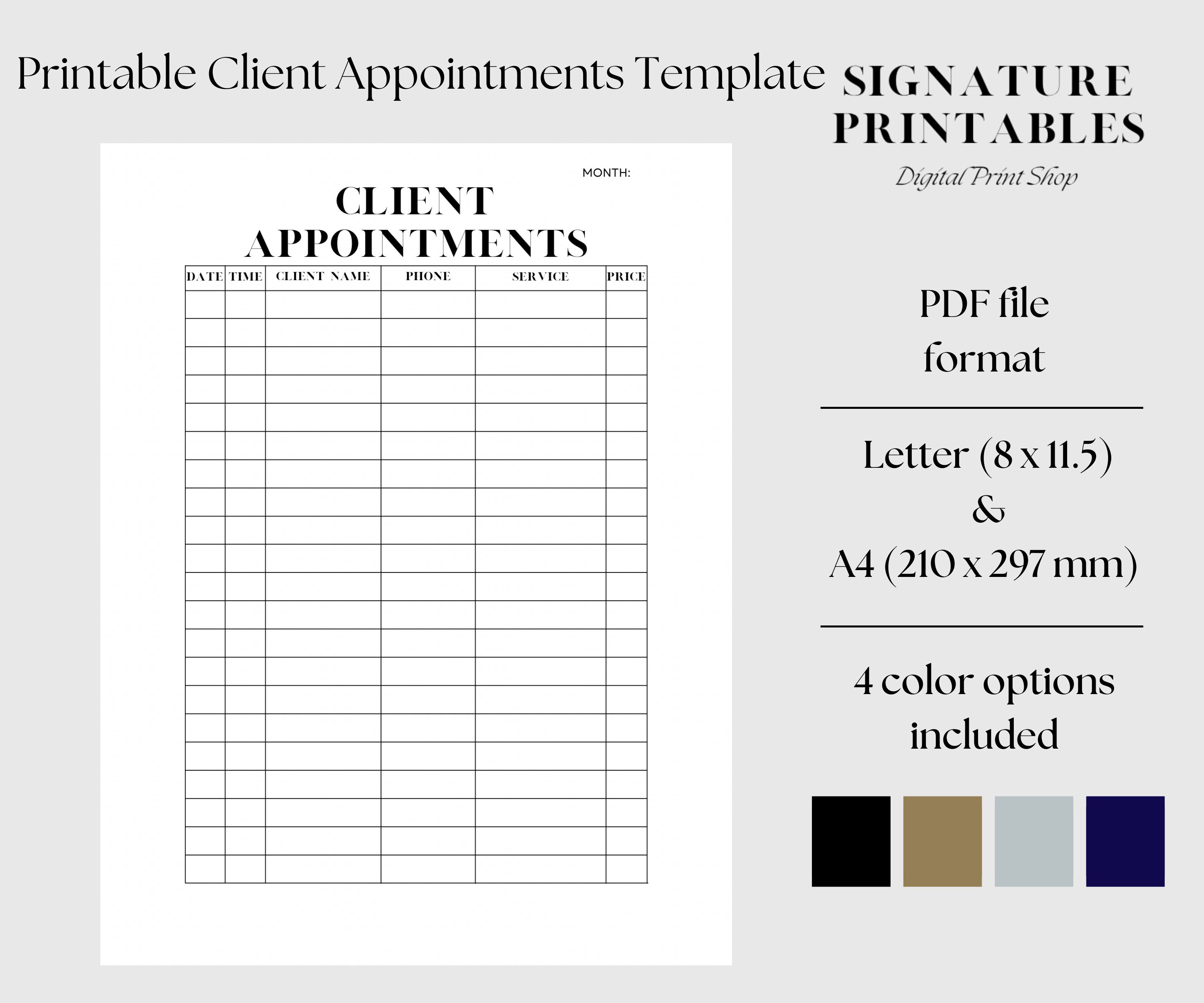 Printable Client Appointment List, Appointment Tracker, Business ...