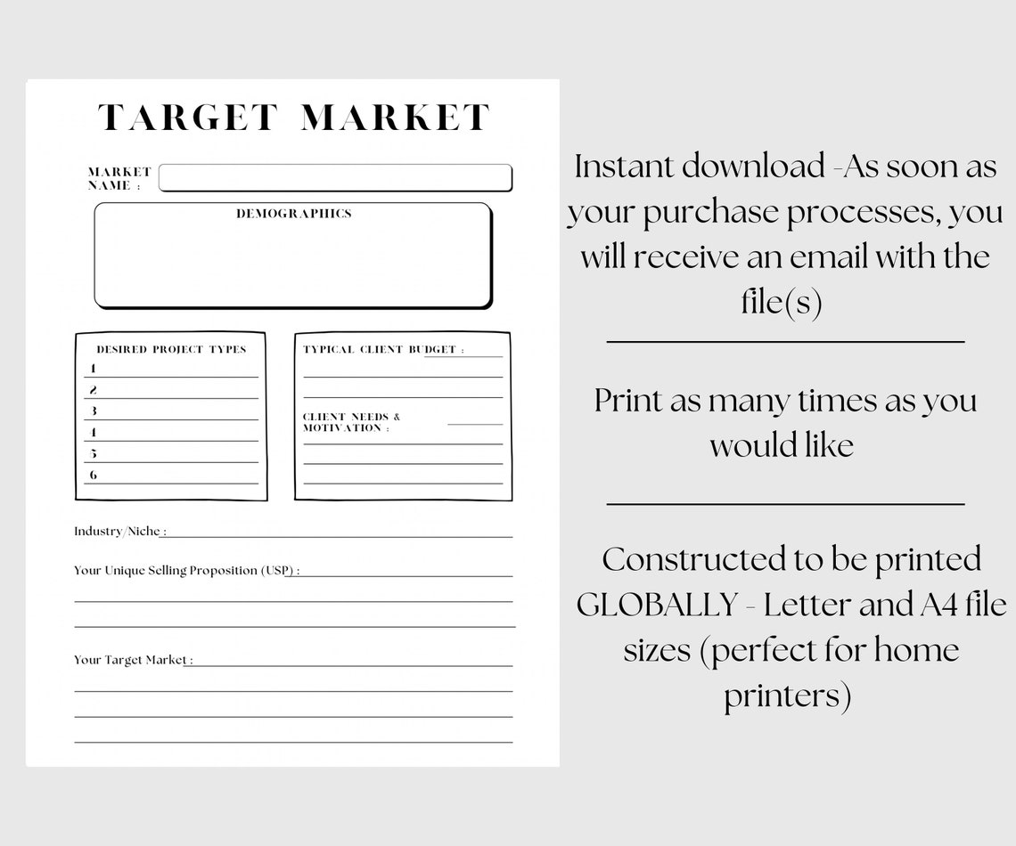 Printable Target Audience Template, Market Research Template, Business ...
