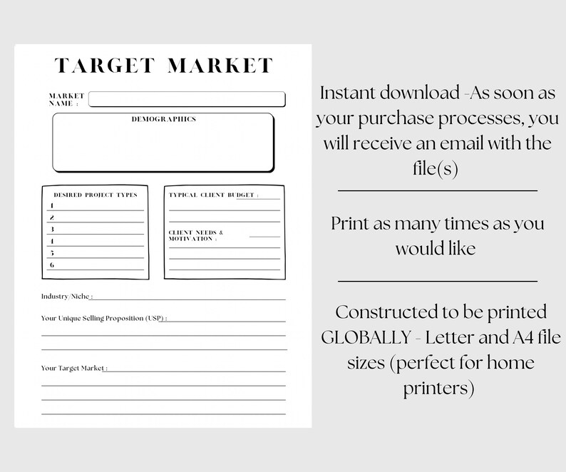 Printable Target Audience Template, Market Research Template, Business ...