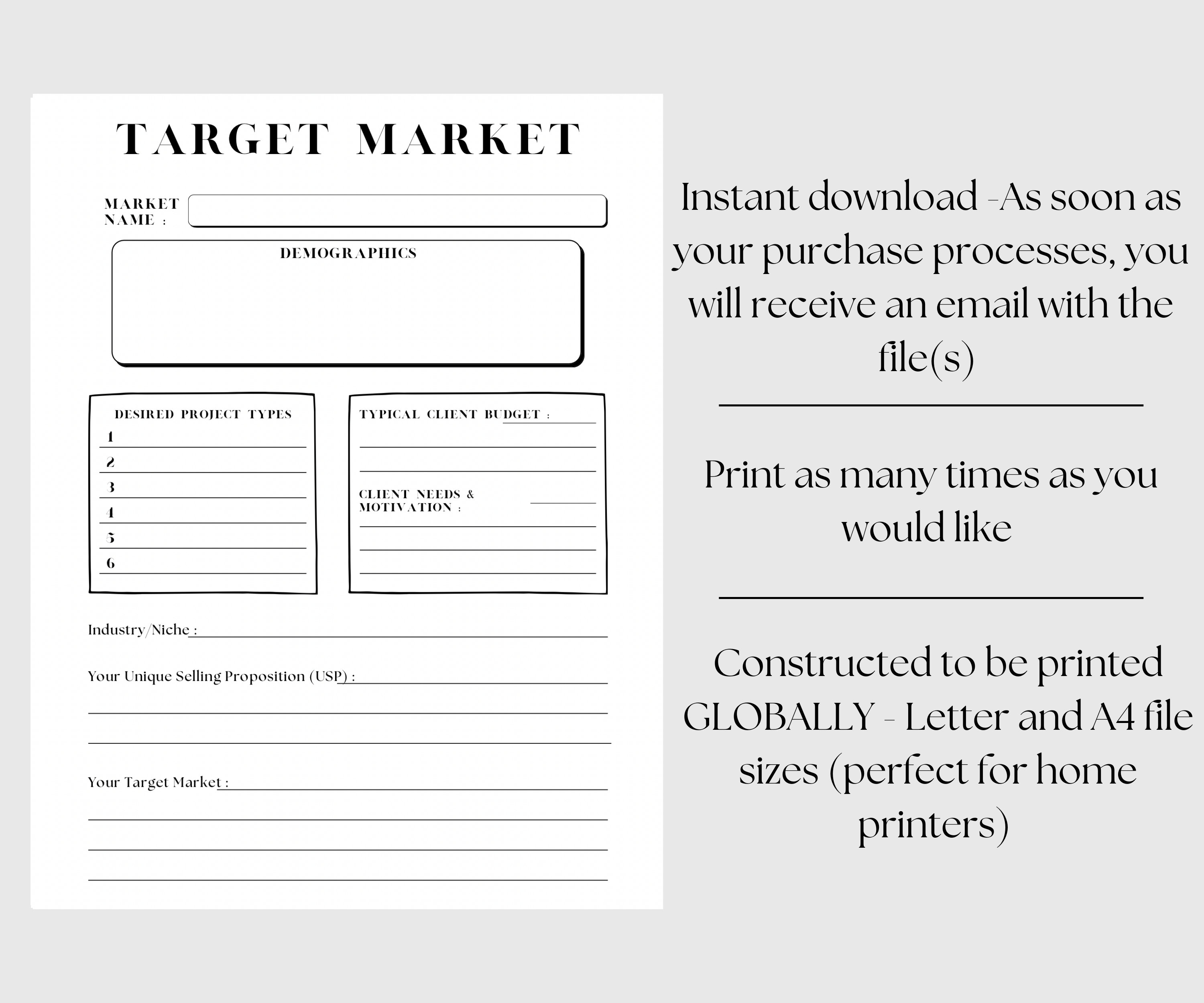 Printable Target Audience Template, Market Research Template, Business ...