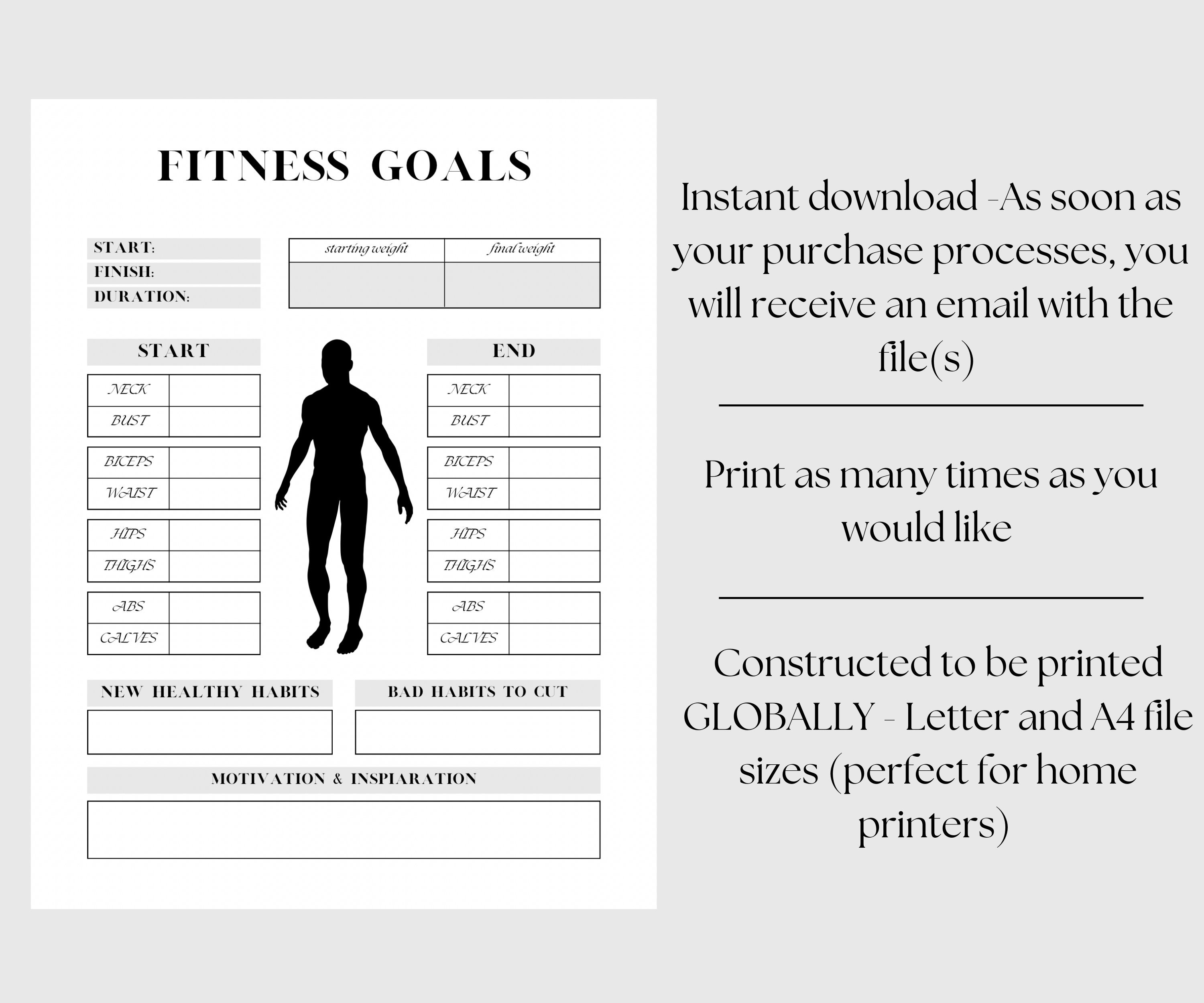 Printable Fitness Goals Tracker, Body Tracker, Fitness Tracker ...