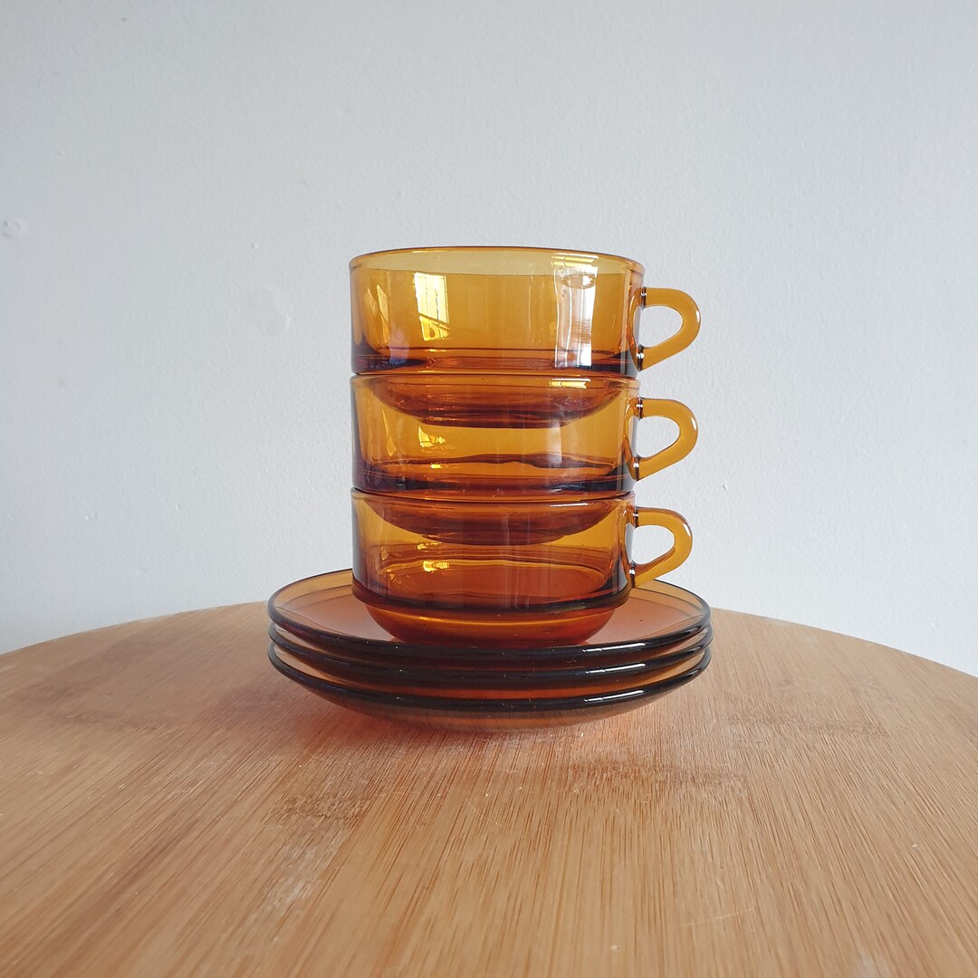 3 Vintage Mid Century French Duralex 70's Amber Glass Coffee/tea Cups ...